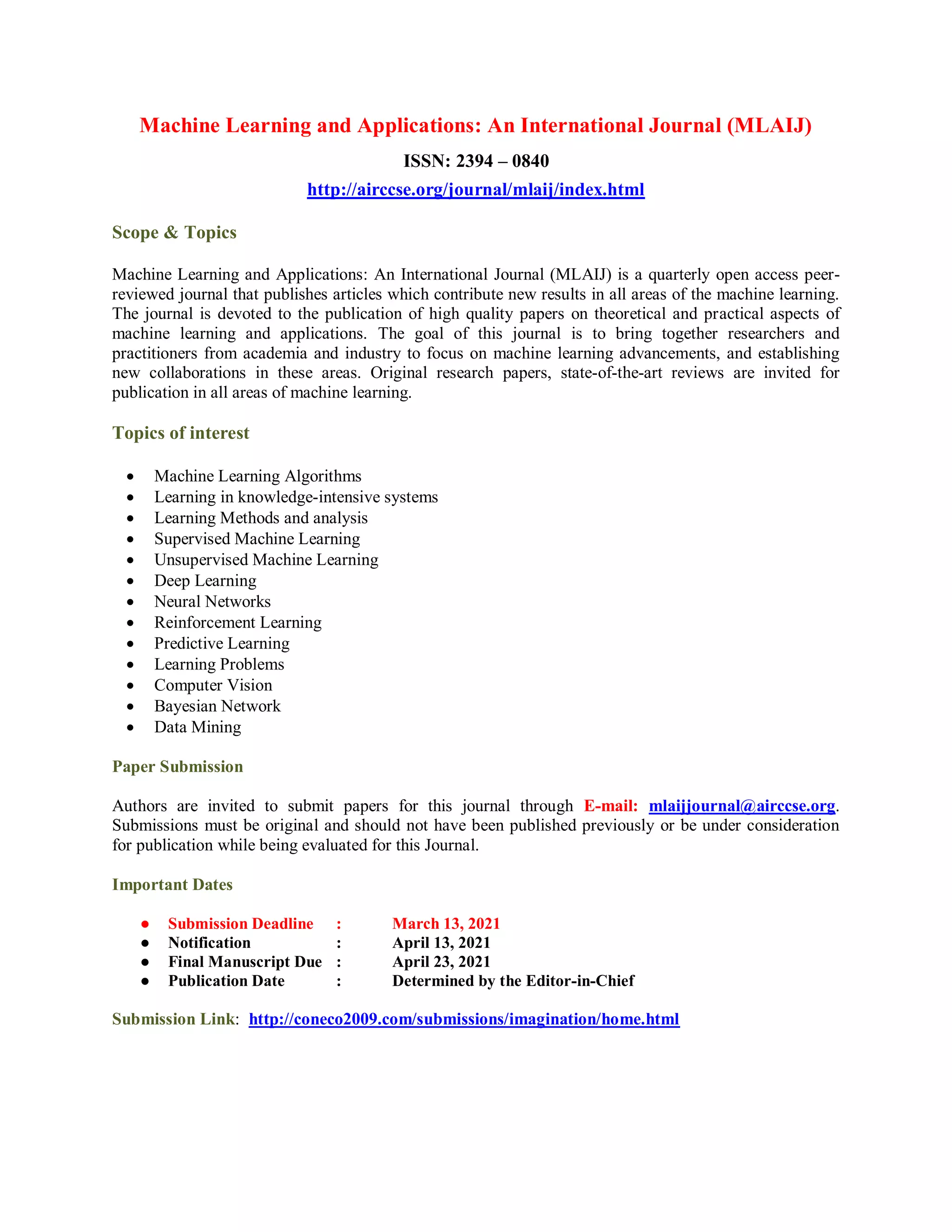 Machine Learning and Applications: An International Journal (MLAIJ) | PDF