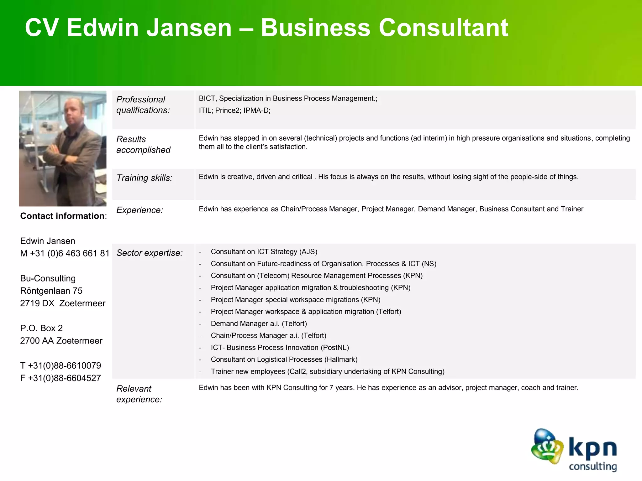 One Page Cv Edwin Jansen | PPTX