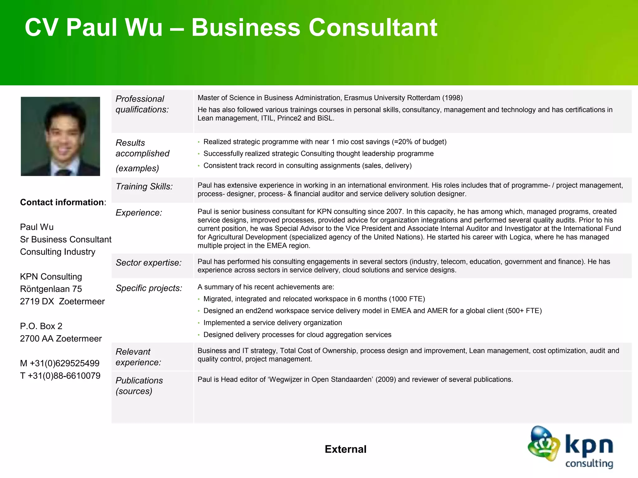 One Page Cv Paul Wu | PPTX | Management Consulting Industry | Industries