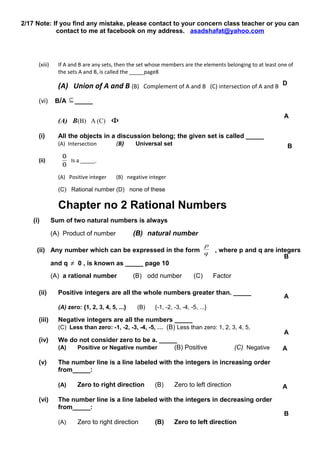 MCQ's for class 7th | DOC