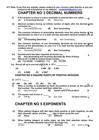 MCQ's for class 7th | DOC