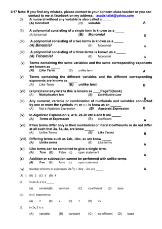 MCQ's for class 7th | DOC