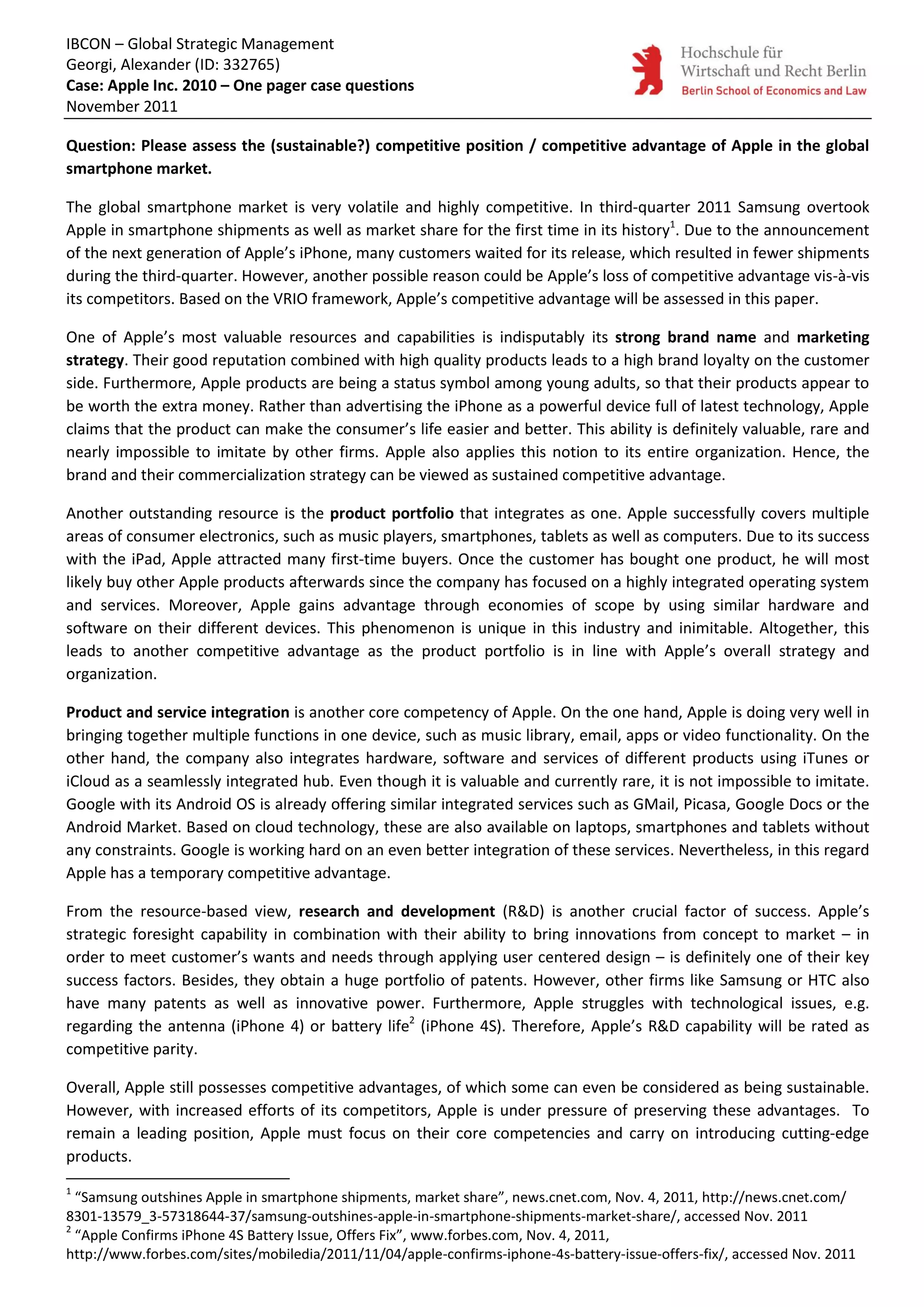 Assessment of Apple's (sustainable?) competitive position / competitive ...