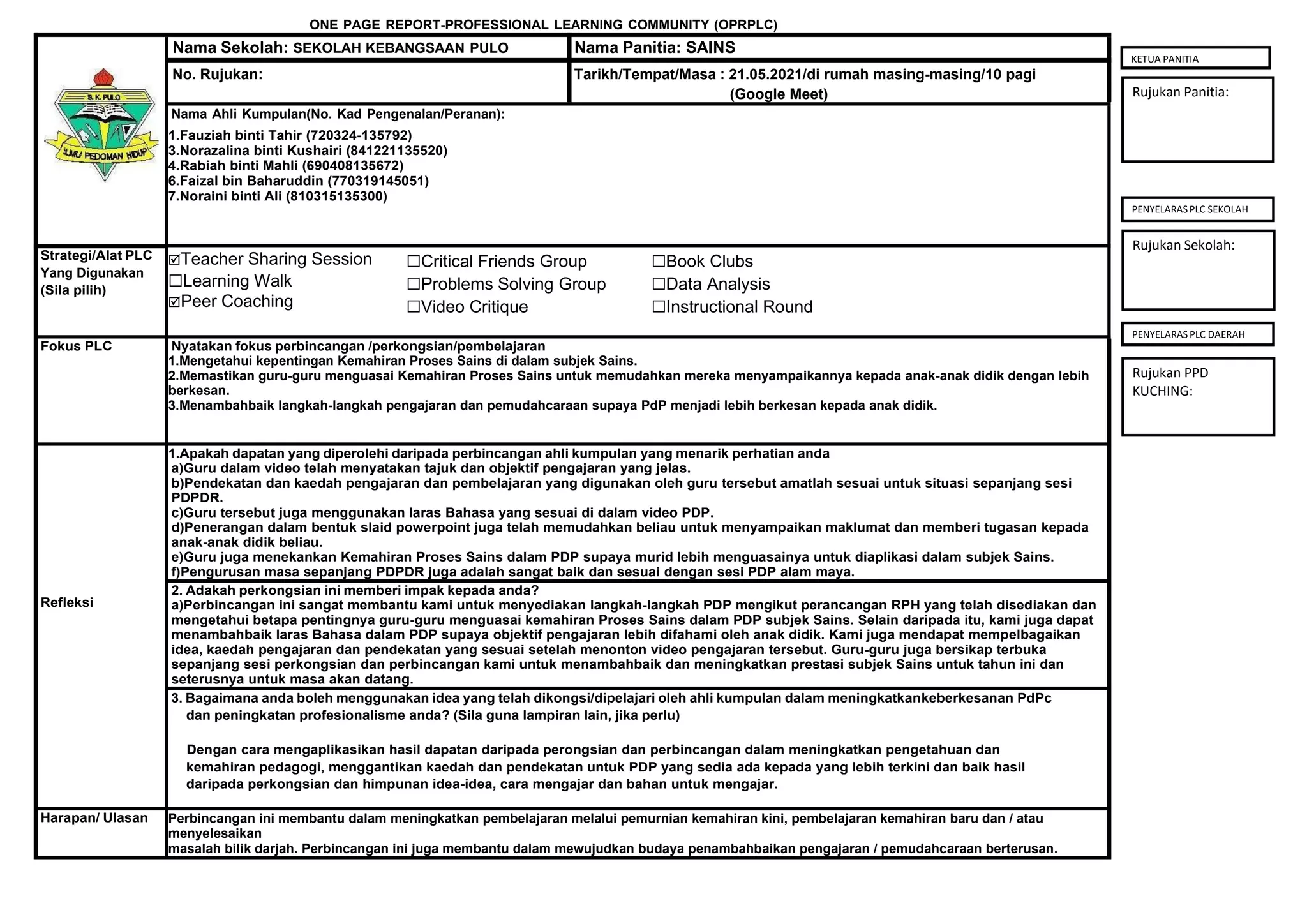 ONE PAGE REPORT PLC SK PULO panitiasainspojiah2021.pdf