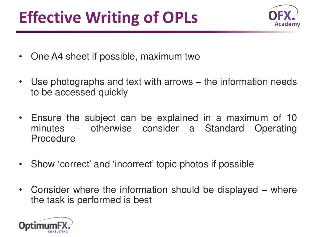 One point lessons (OPLs)