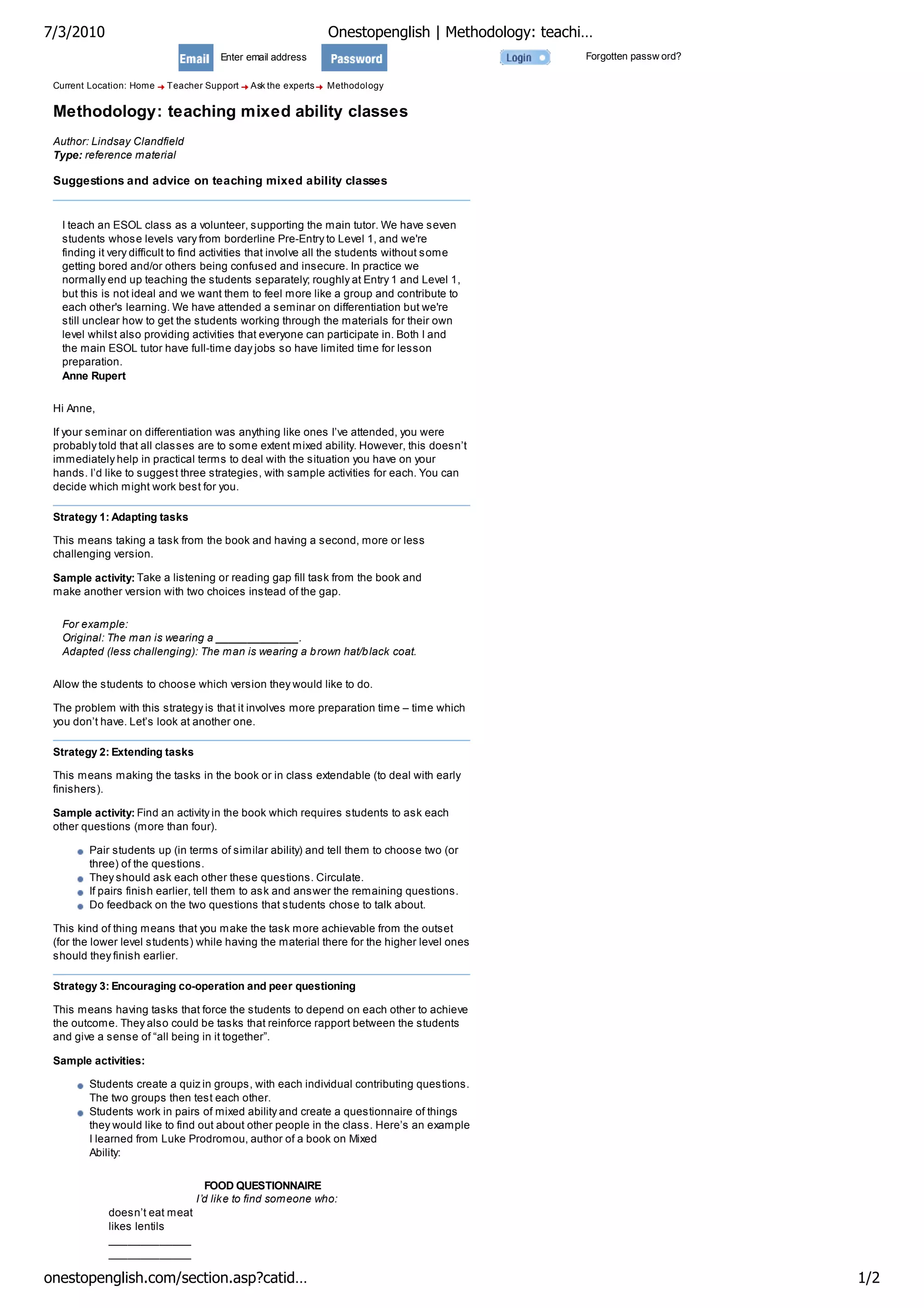 Onestopenglish Methodology Teaching Mixed Ability Classes | PDF | Homework and Study | Education