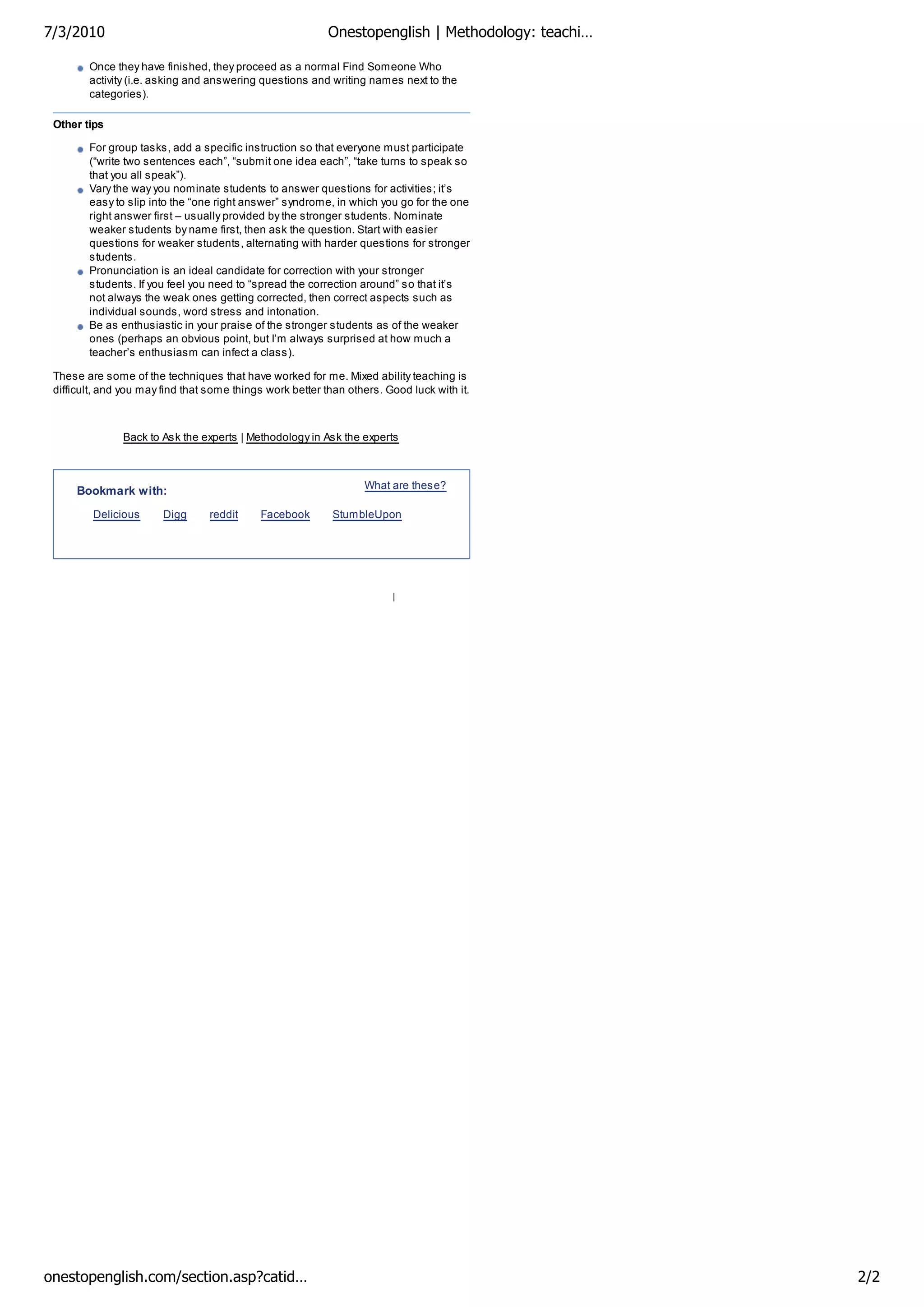 Onestopenglish Methodology Teaching Mixed Ability Classes | PDF | Homework and Study | Education