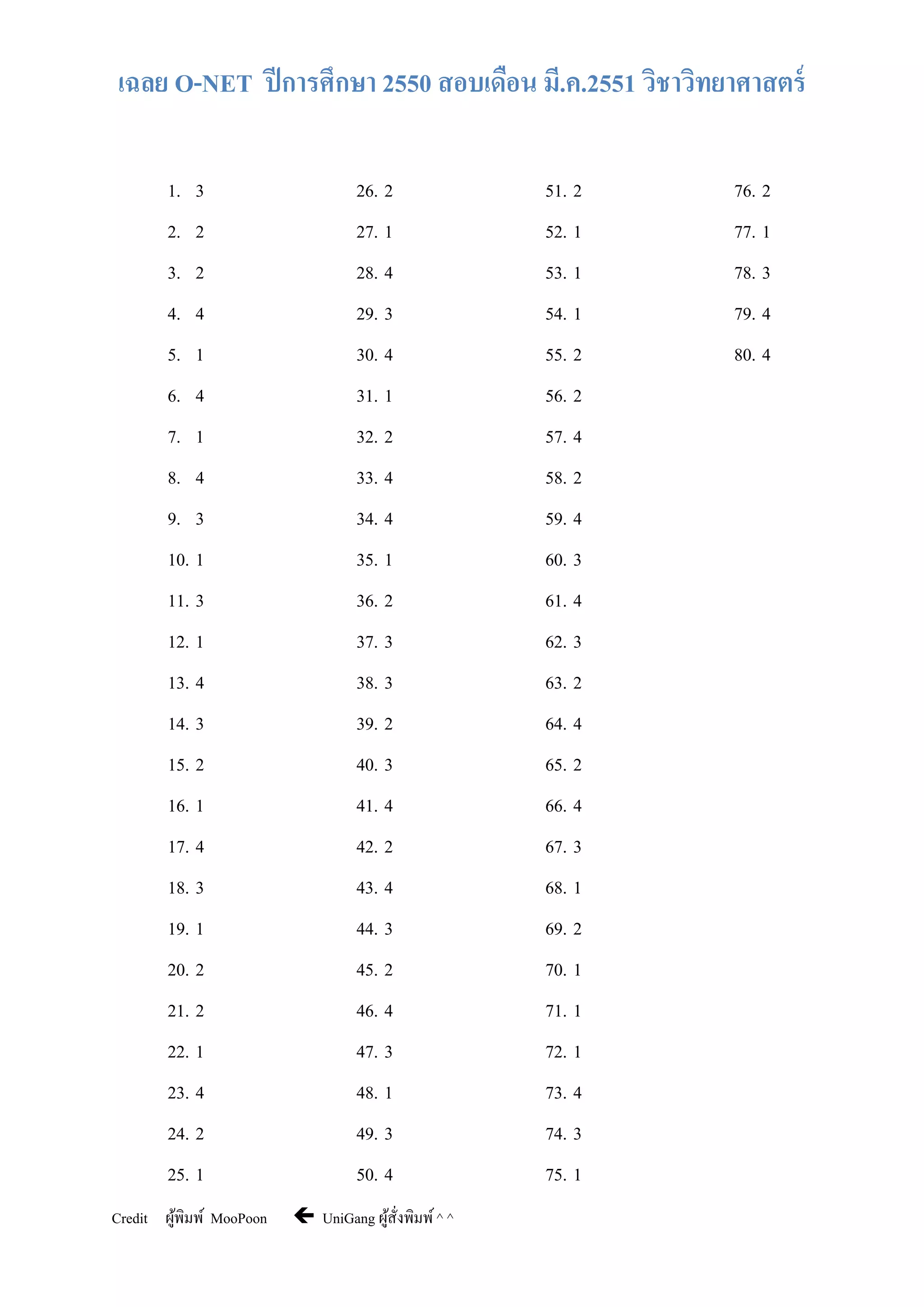 เฉลย Onet 50 วิทยาศาสตร์ | PDF