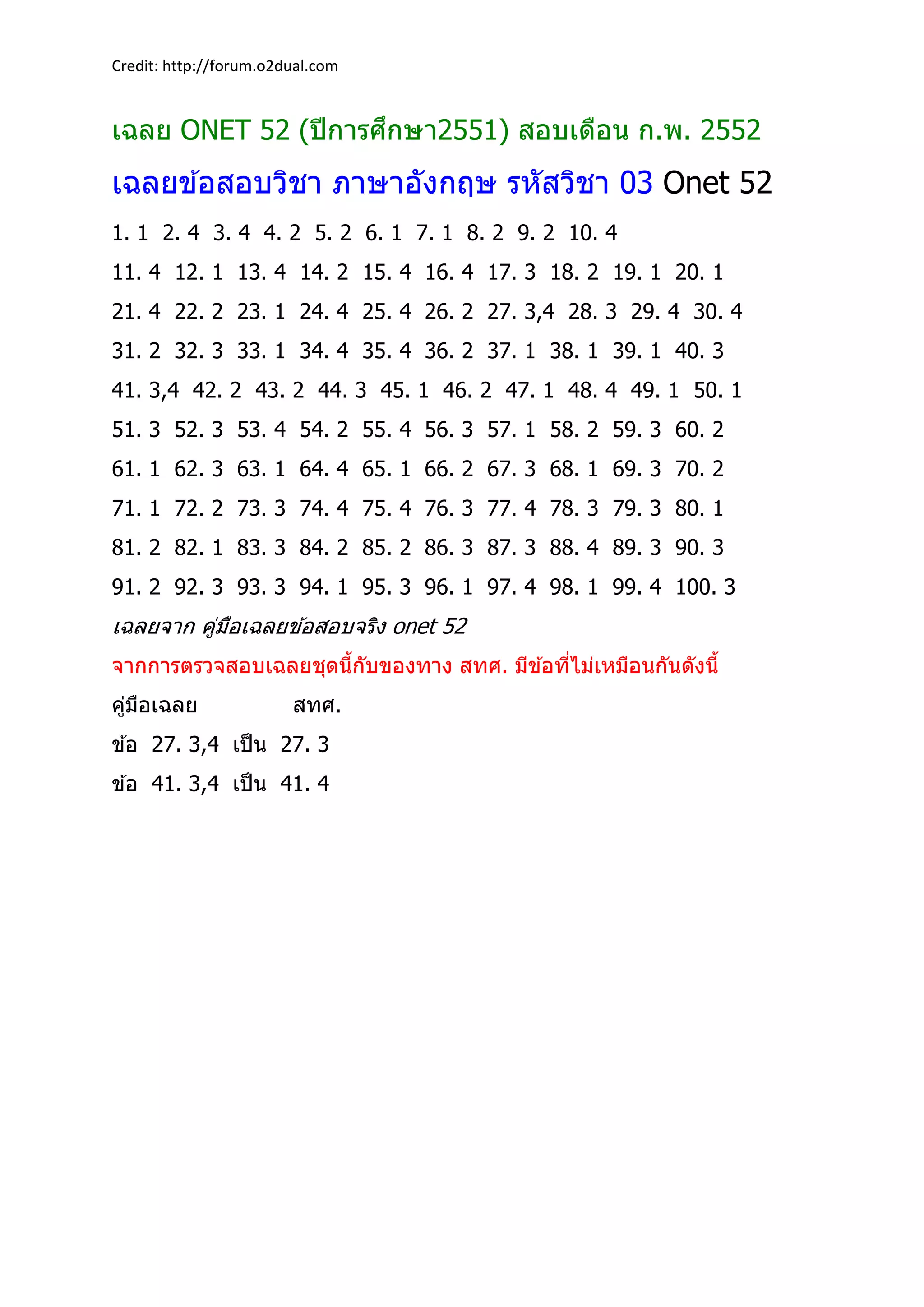 เฉลย Onet 51 ภาษาอังกฤษ | PDF