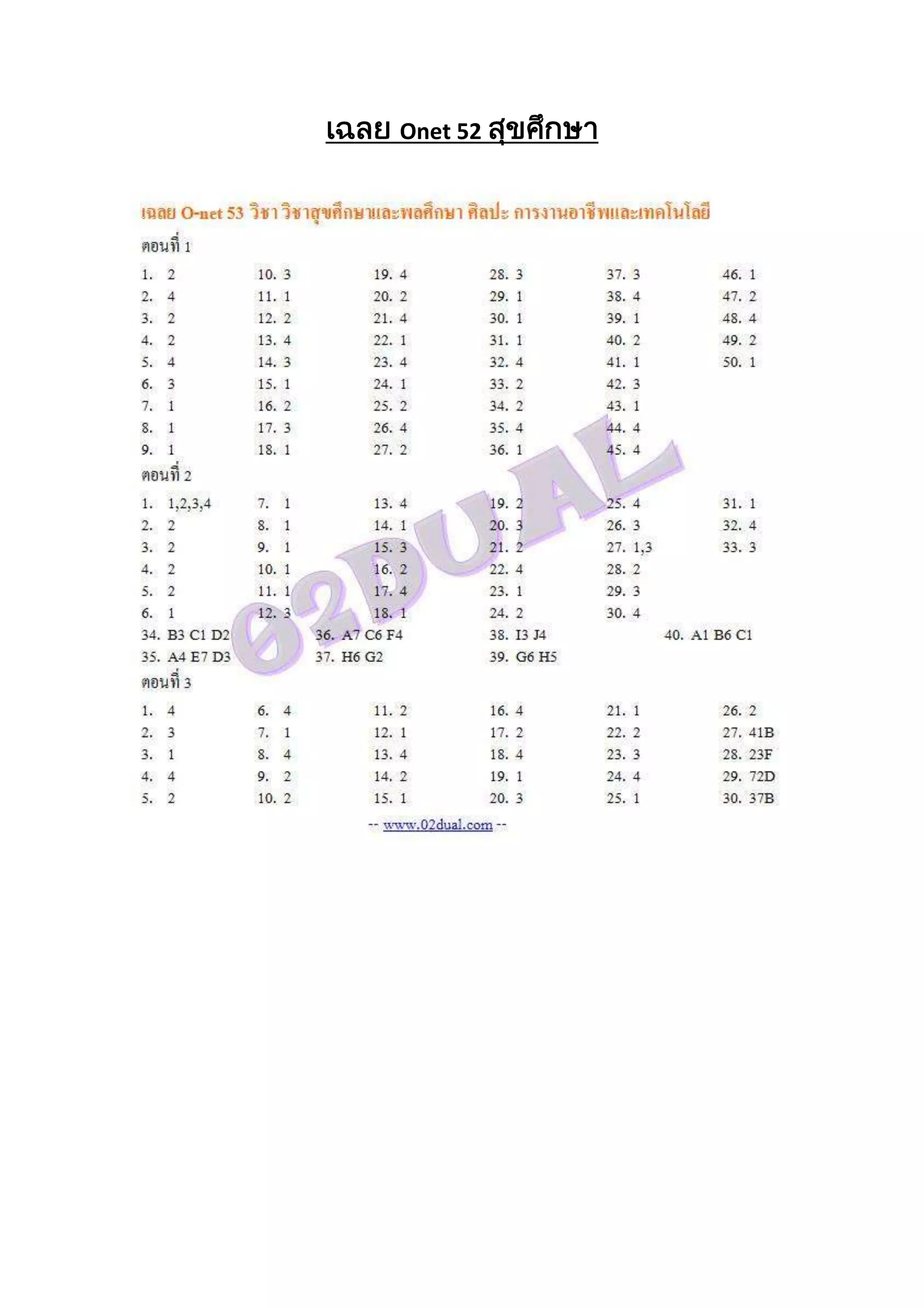 เฉลย Onet 52 สุขศึกษา | PDF