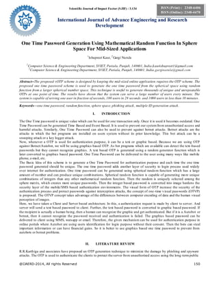 One time password generation using mathematical random function in sphere space for mid sized ...