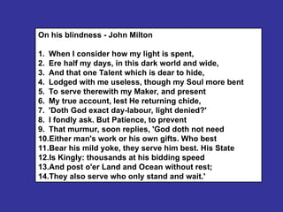 On his blindness poem Analysis for grade 11 | PPT
