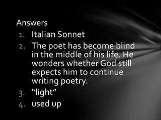 On his Blindness Sonnet 19 by John Milton | PPTX