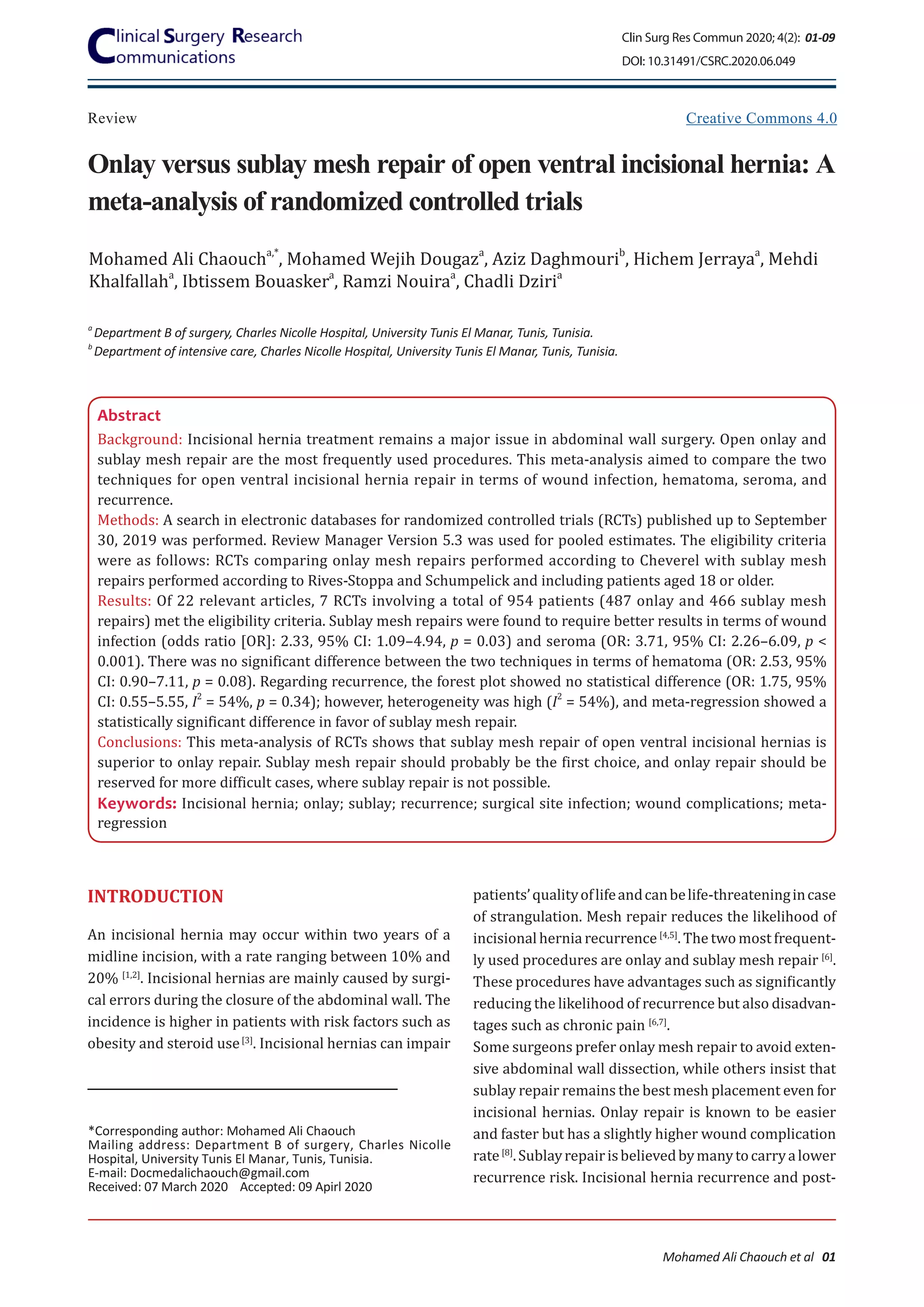 Onlay versus sublay mesh repair of open ventral incisional hernia a meta-analysis of randomized ...