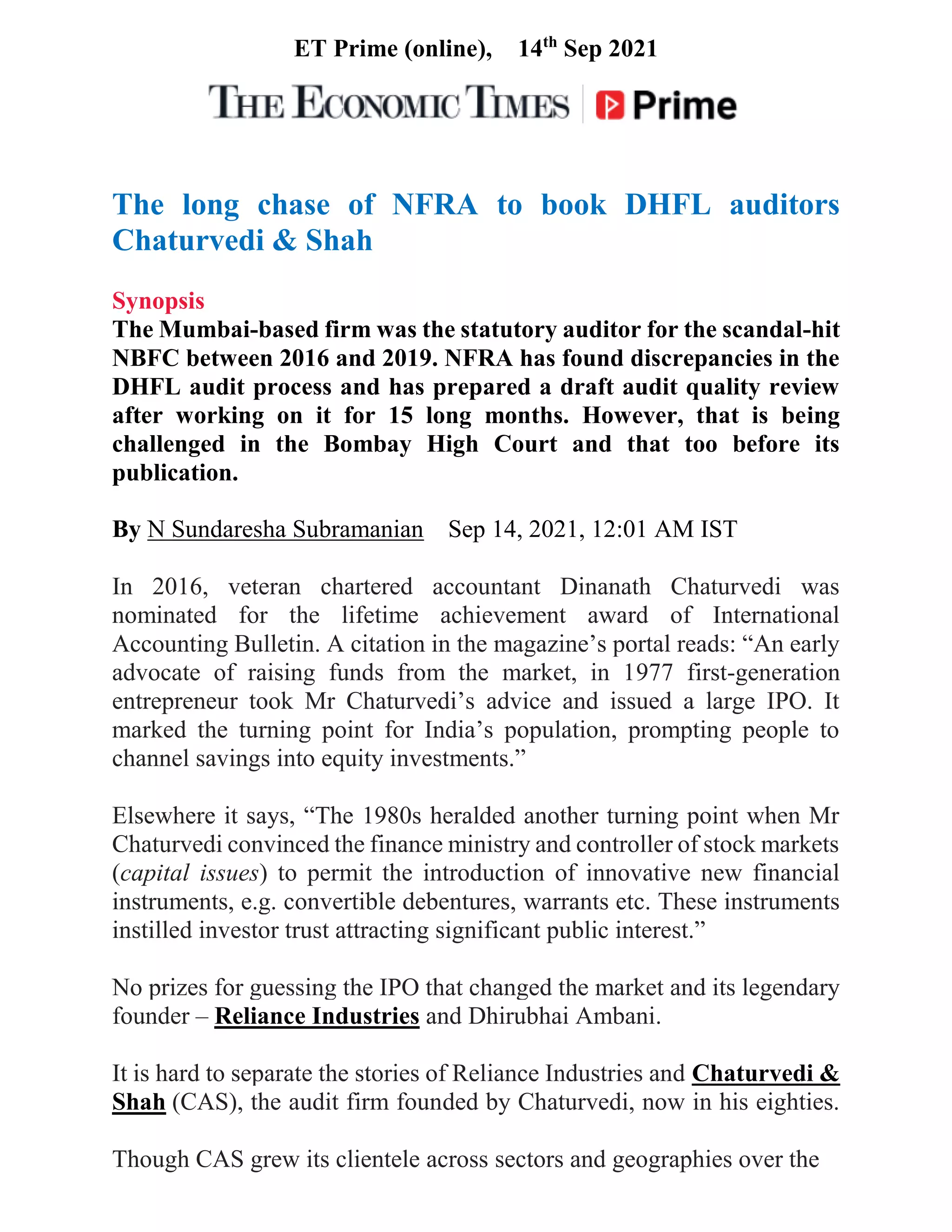 The long chase of nfra to book dhfl auditors chaturvedi & amp; shah | PDF