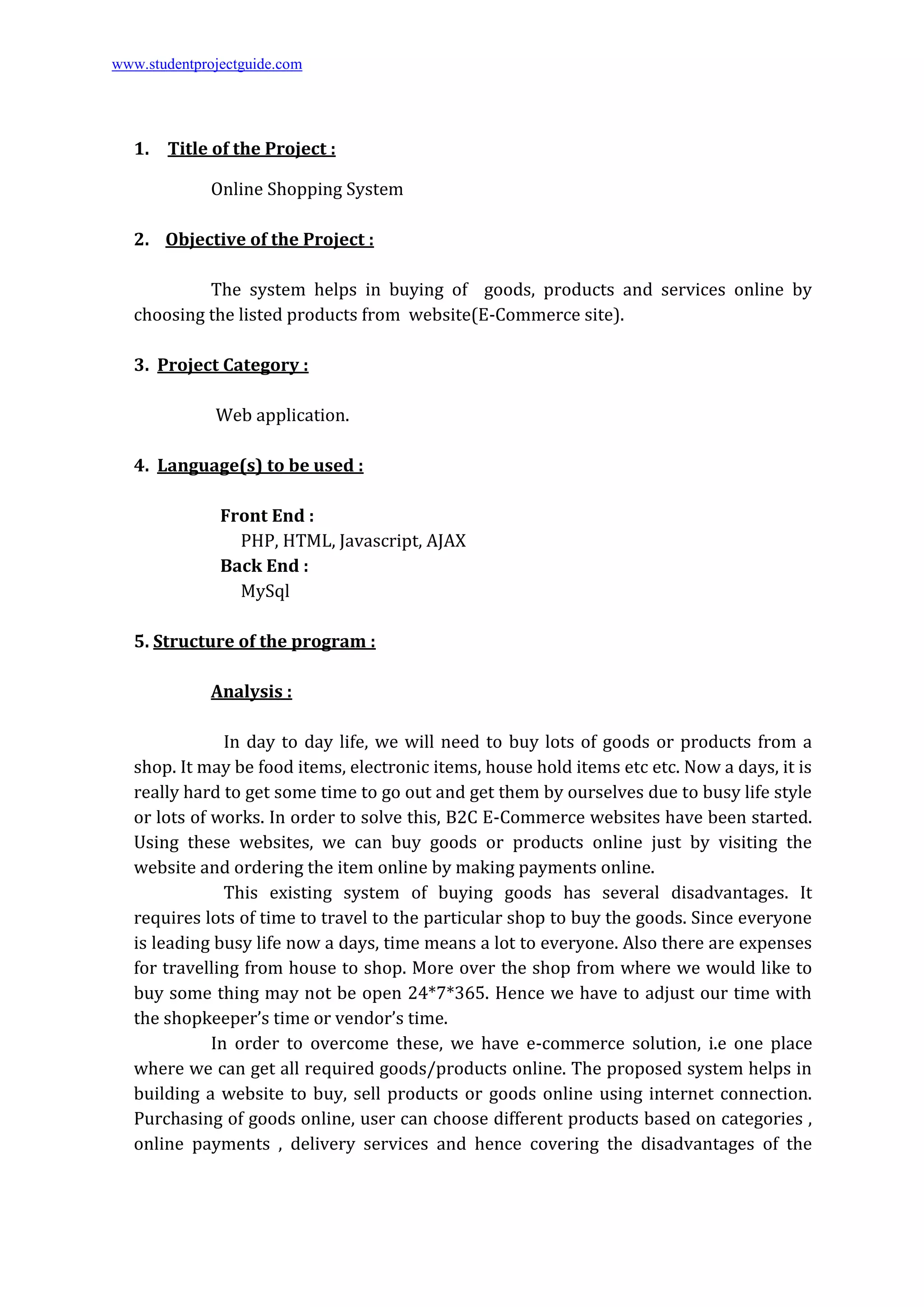 Online shopping project synopsis | PDF