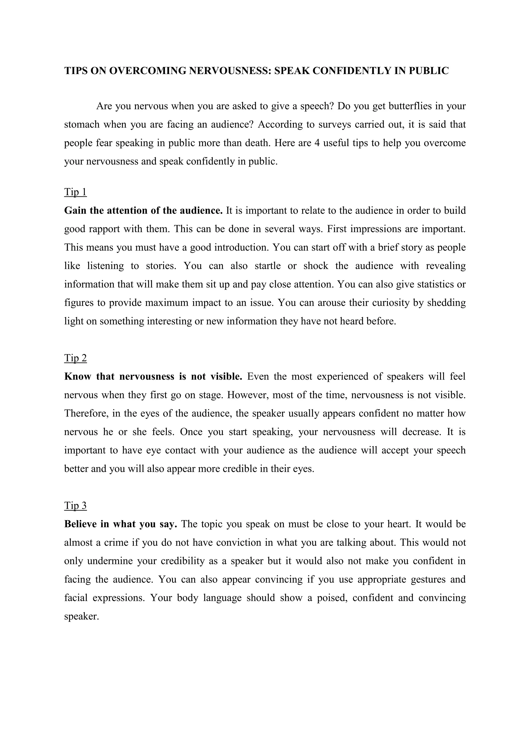 Tips on Overcoming Nervousness: Speak Confidently in Public | DOCX