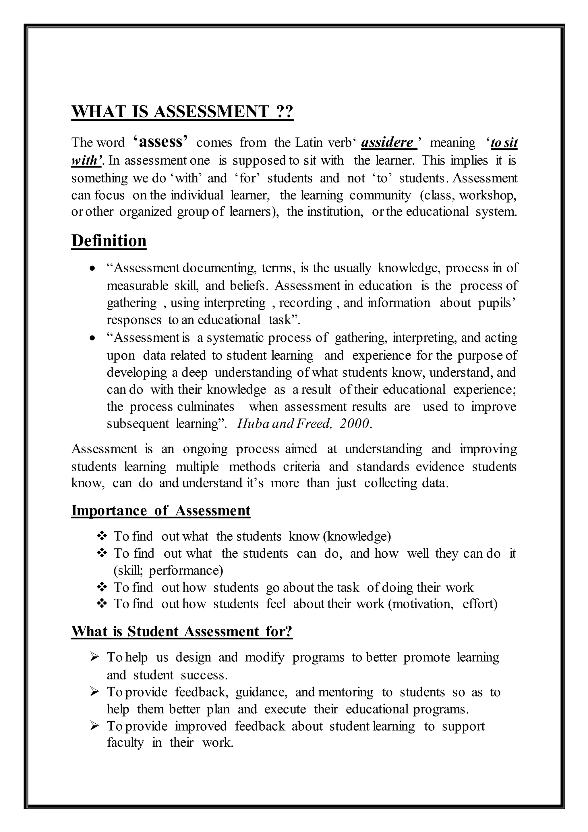 ASSESSING STUDENTS PERFOMANCE PURPOSE AND TECHNIQUE. | DOCX
