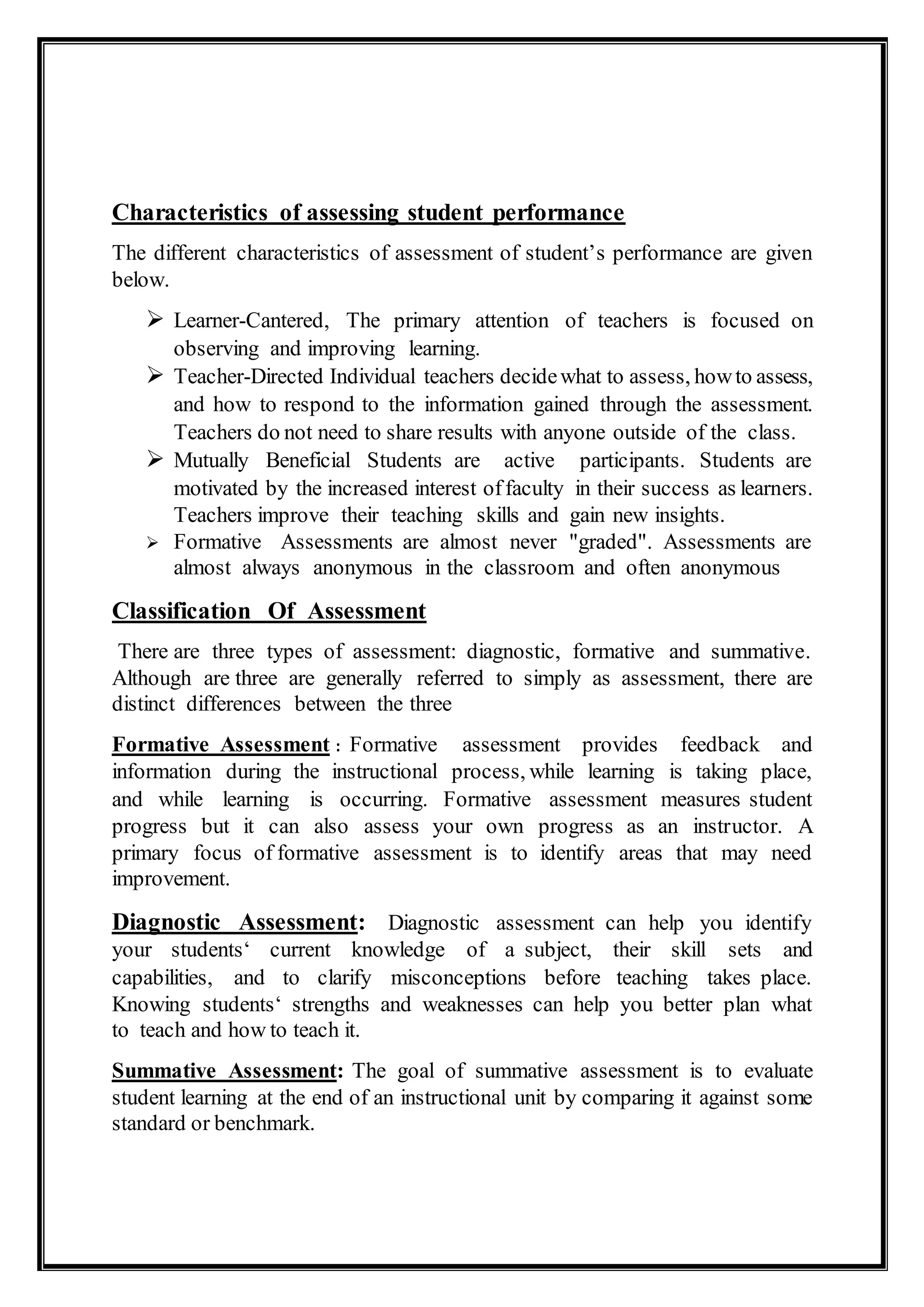 ASSESSING STUDENTS PERFOMANCE PURPOSE AND TECHNIQUE. | DOCX