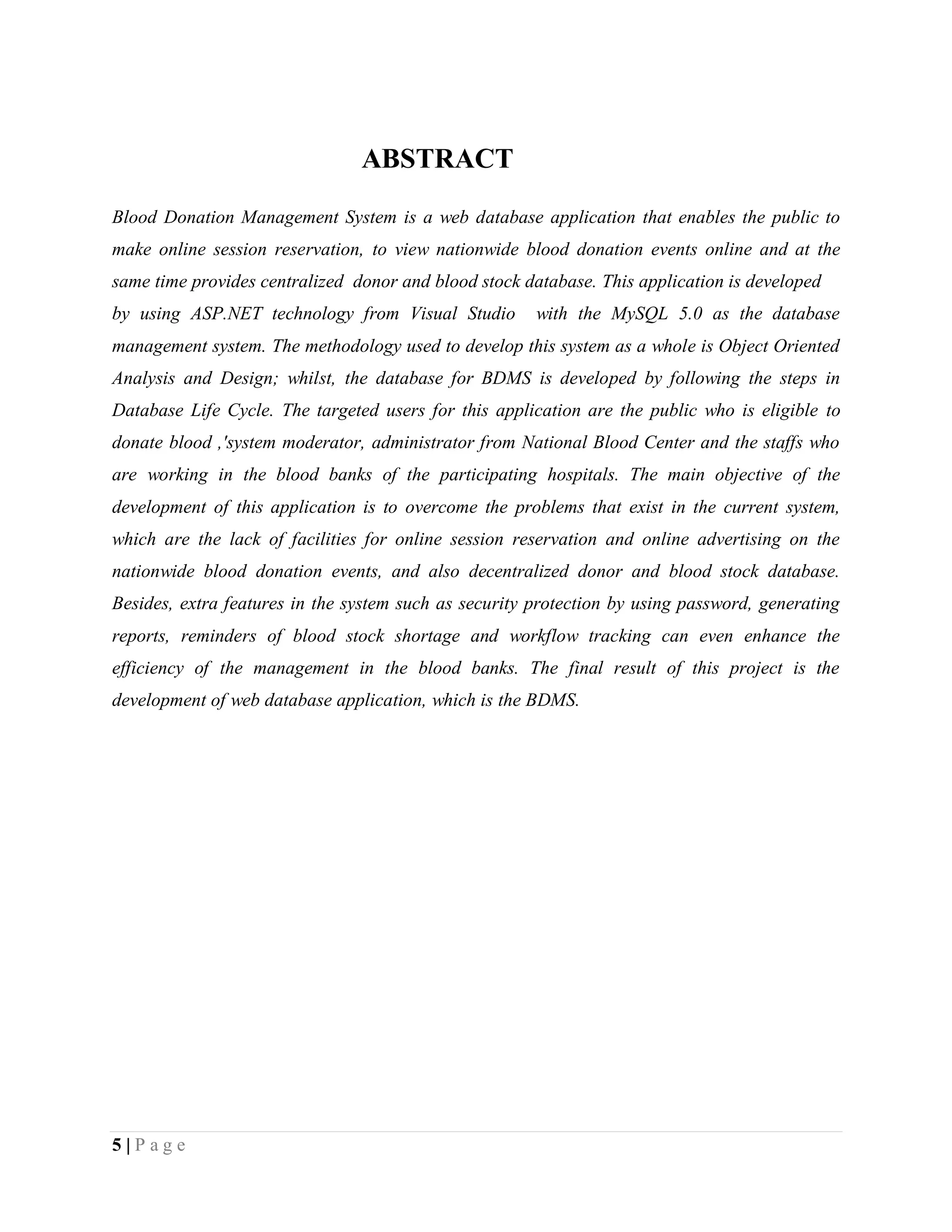 ONLINE BLOOD DONATION MANAGEMENT SYSTEM PROJECT REPORT. | PDF