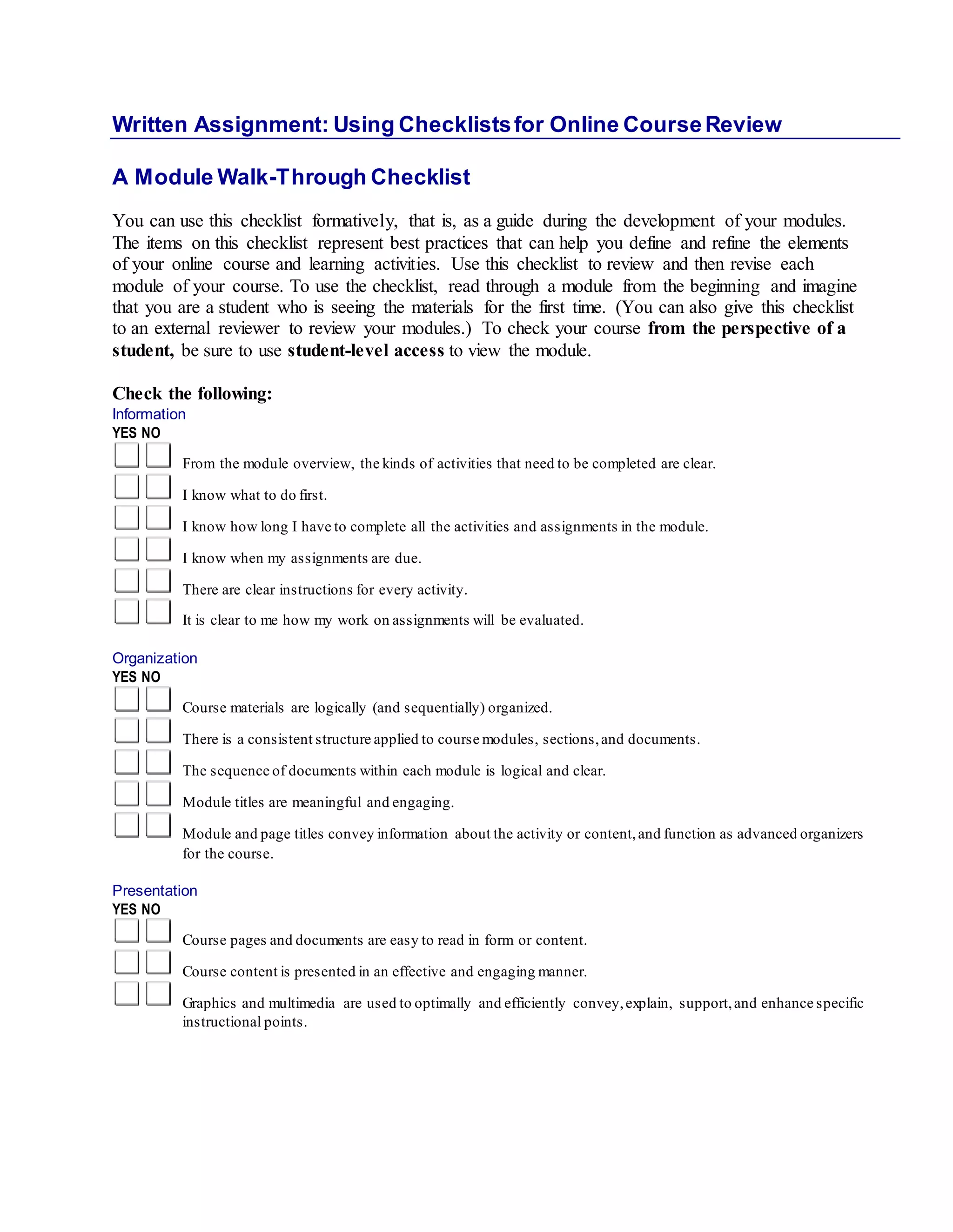 Online Course Review Checklist | DOCX