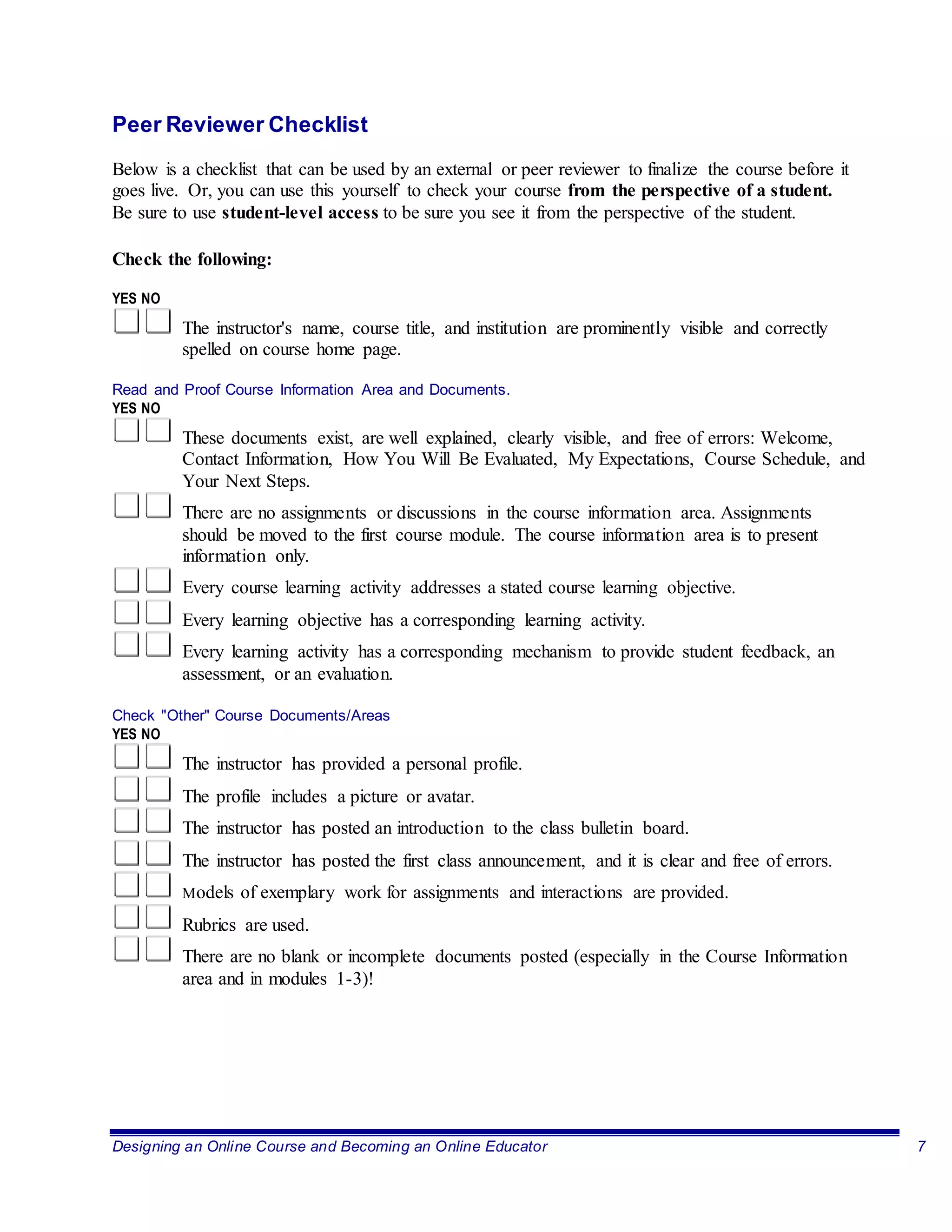 Online Course Review Checklist | DOCX