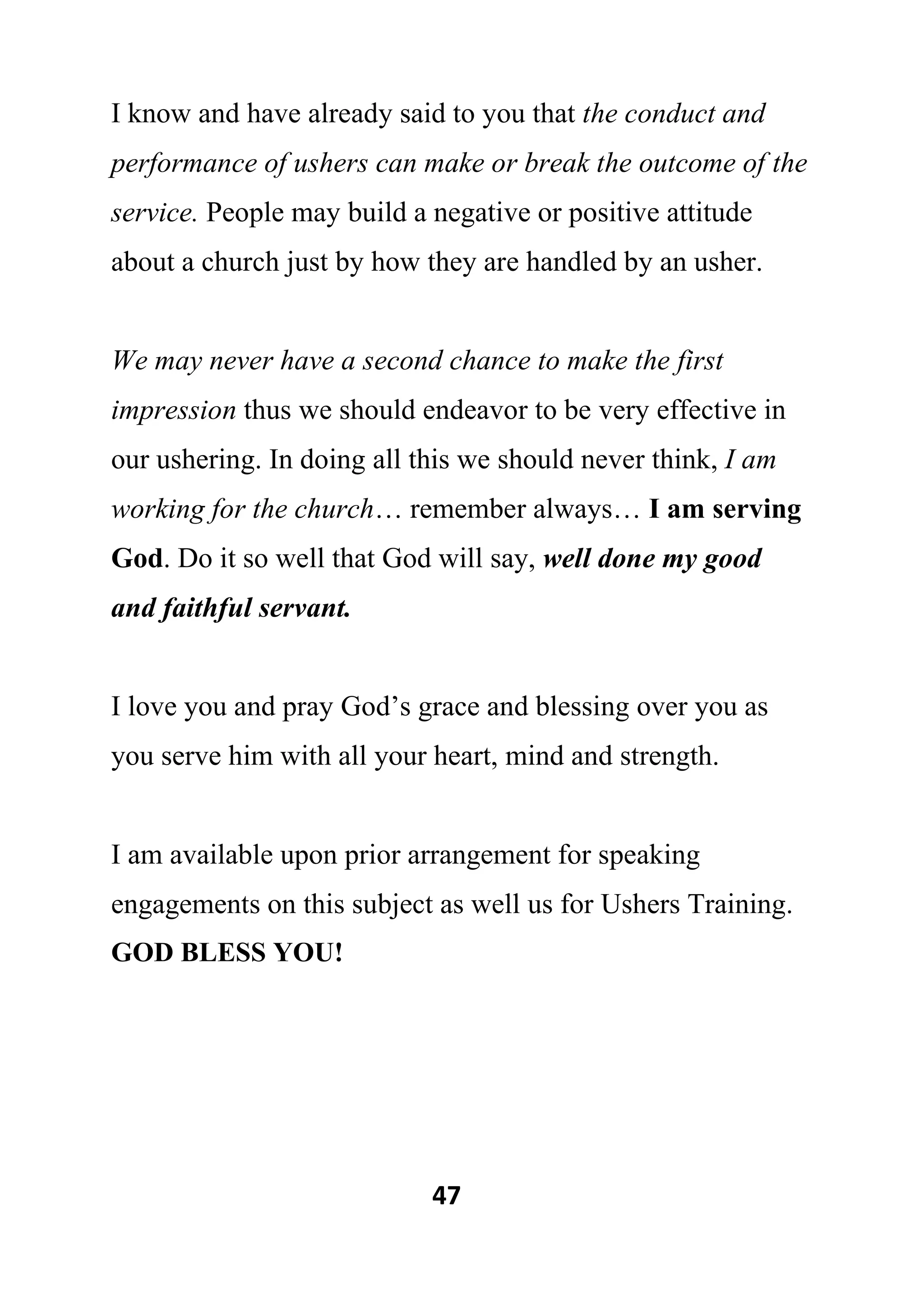 THE ART OF EFFECTIVE CHURCH USHERING TRAINING MANUAL | PDF