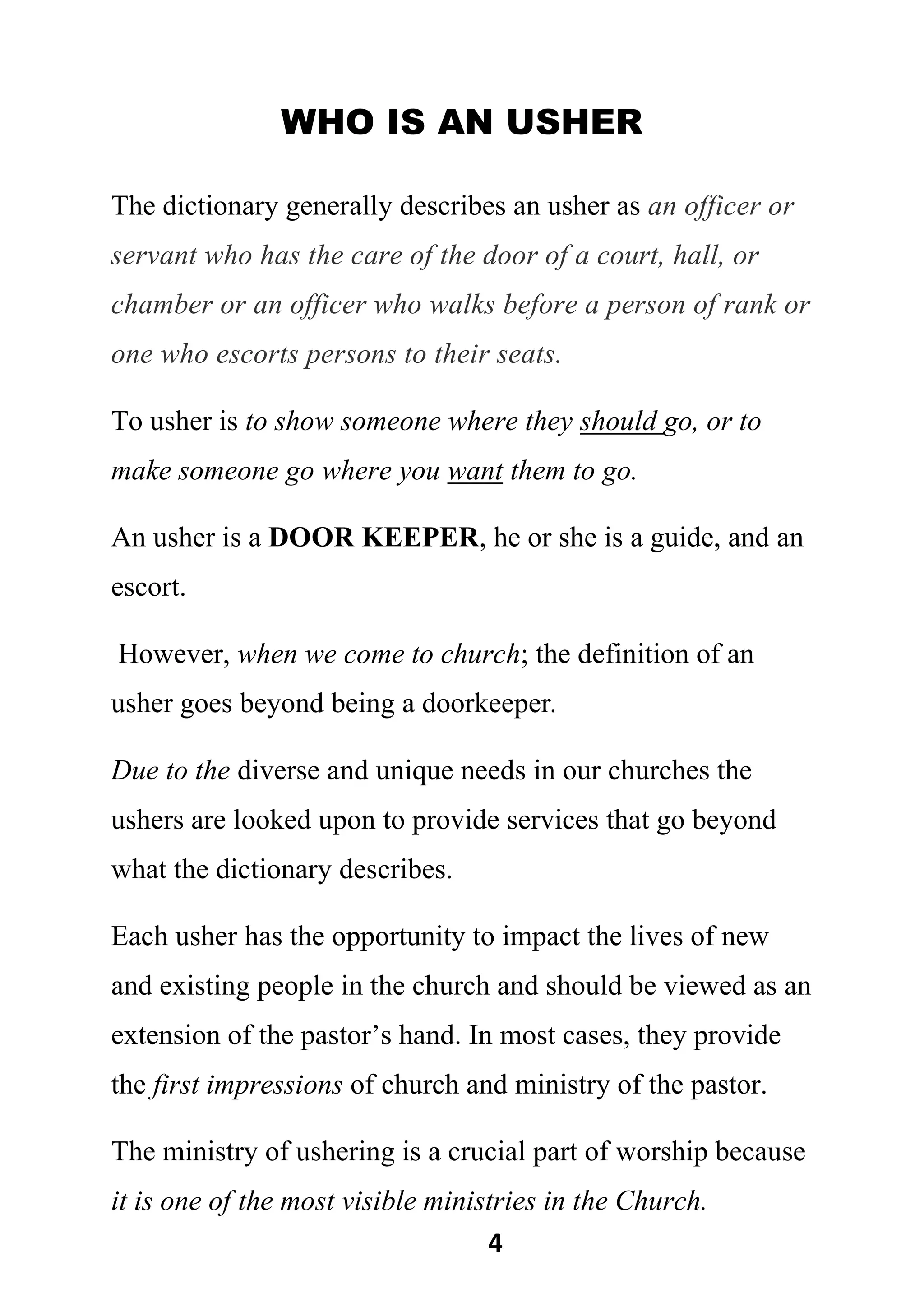 THE ART OF EFFECTIVE CHURCH USHERING TRAINING MANUAL | PDF