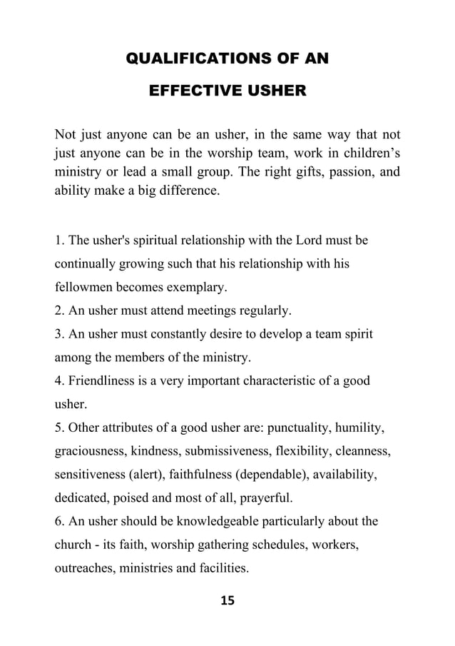 THE ART OF EFFECTIVE CHURCH USHERING TRAINING MANUAL | PDF
