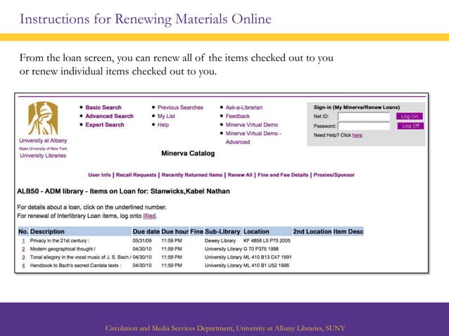 Renewing Library Materials in Minerva | PPT