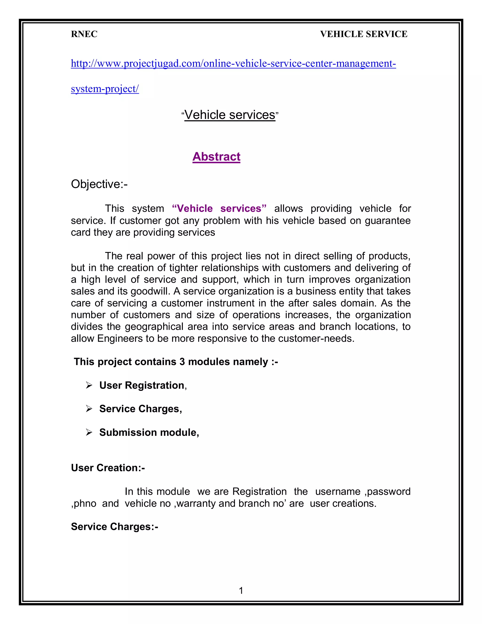Online vehicle service center management system project report | PDF