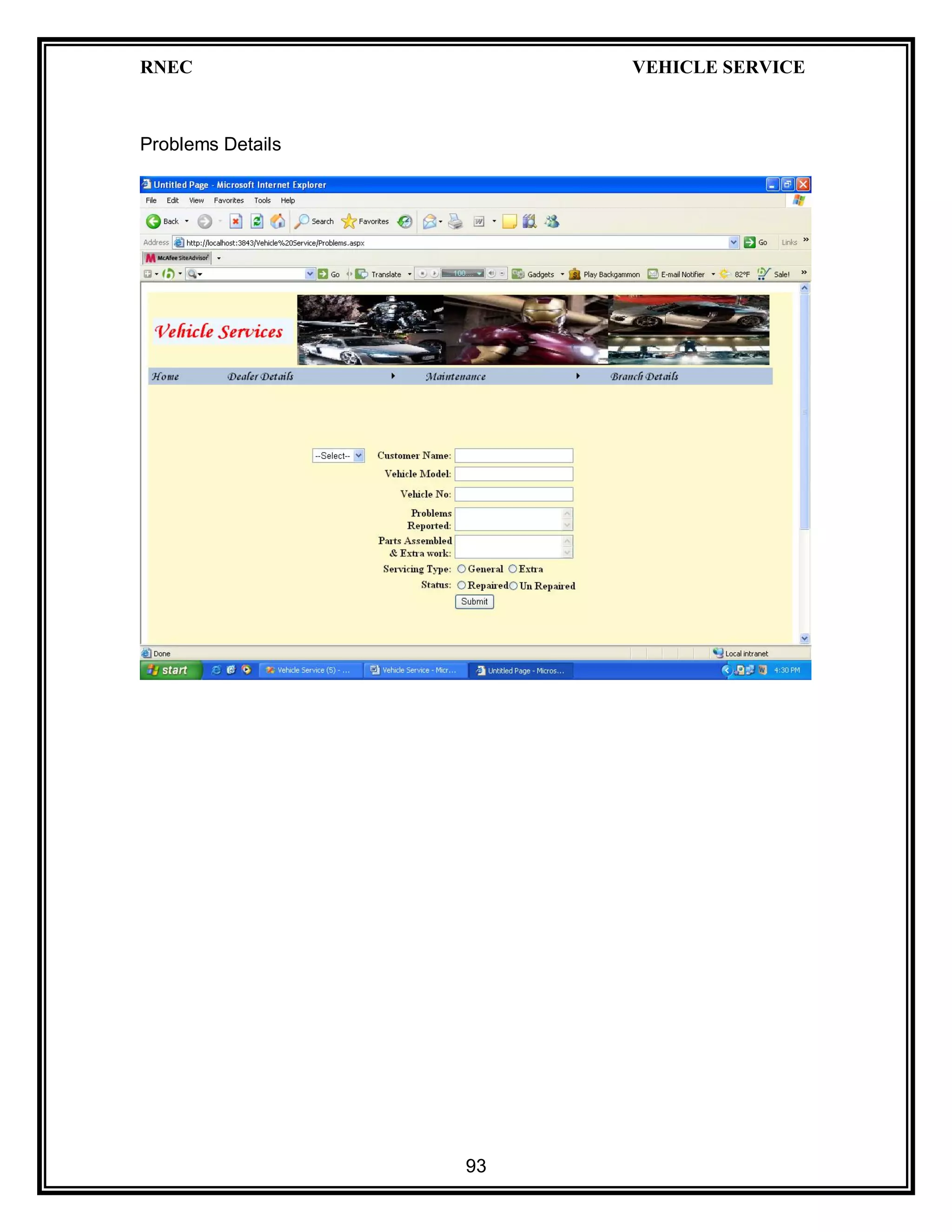 Online vehicle service center management system project report | PDF