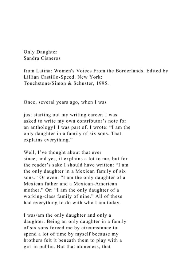 Only Daughter Sandra Cisneros from Latina Womens Voic.docx ...