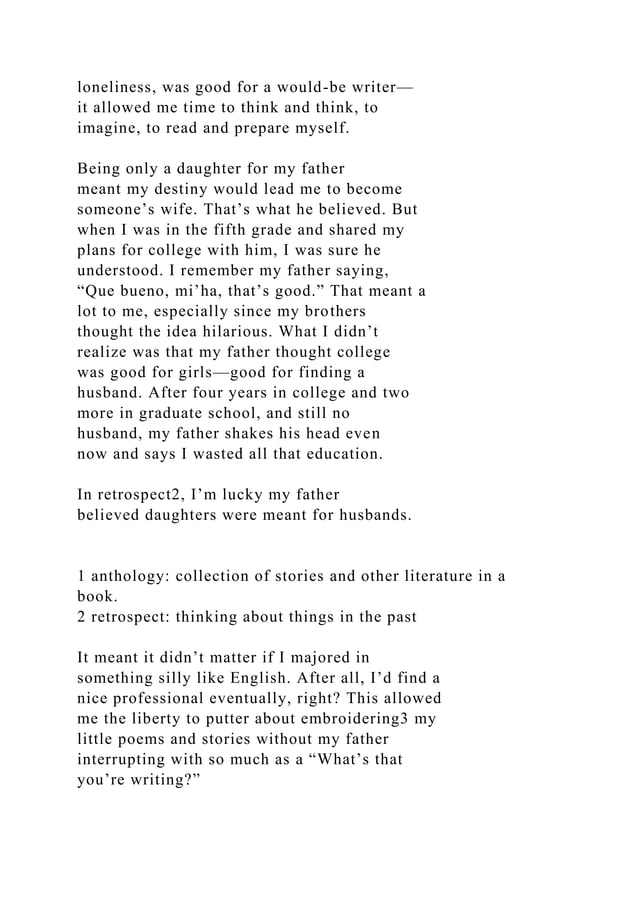 Only Daughter Sandra Cisneros from Latina Womens Voic.docx ...