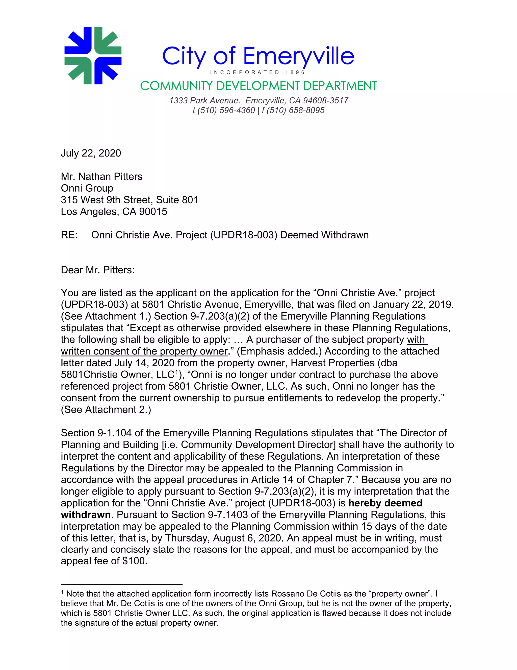 Onni deemed withdrawn letter 07 22-20 | PDF