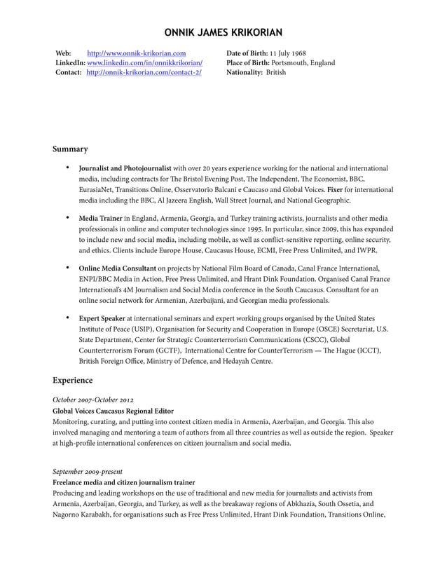 Onnik James Krikorian Online Curriculum Vitae | PDF