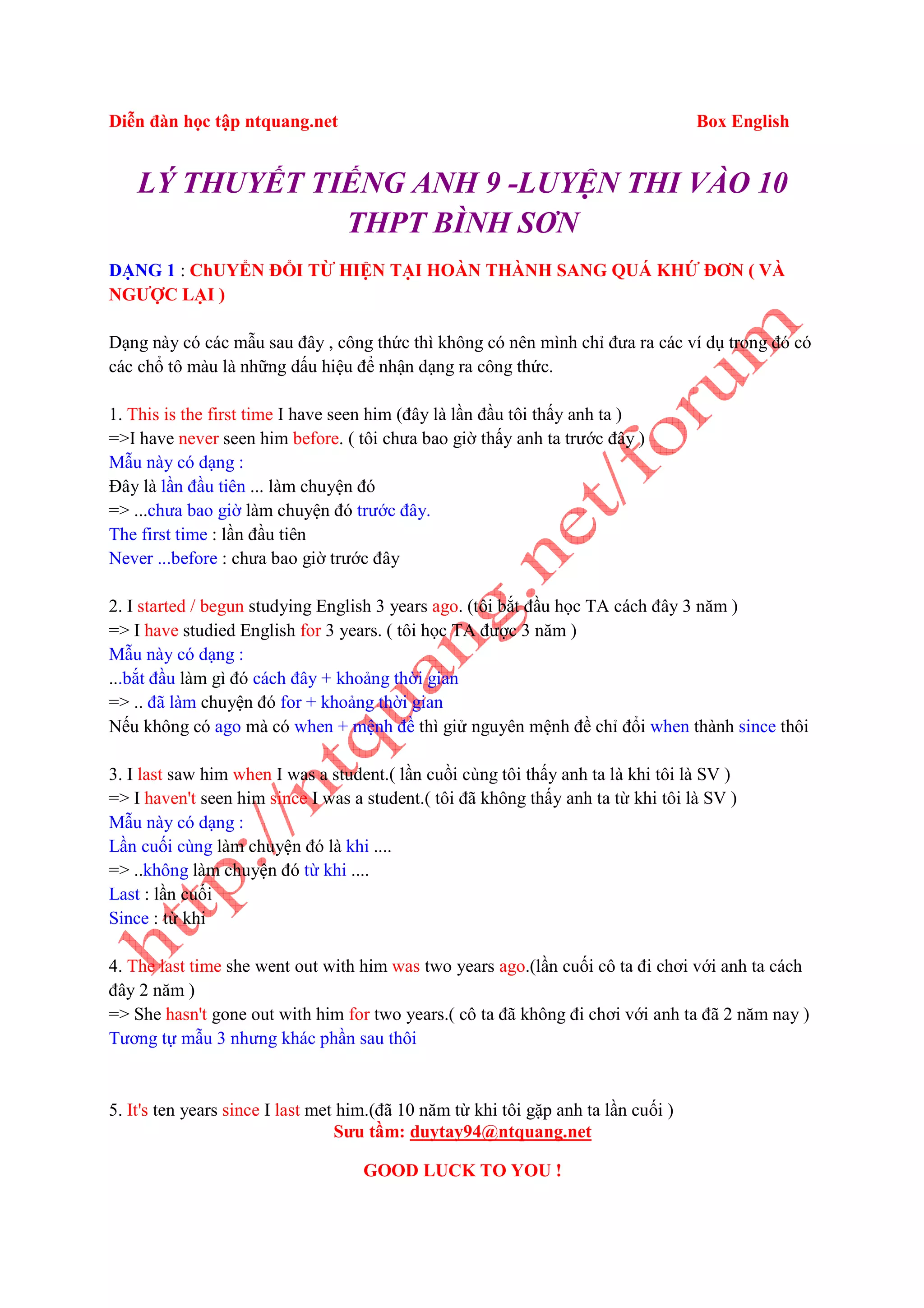 On tap ly thuyet tieng anh 9 luyen thi vao 10 | PDF