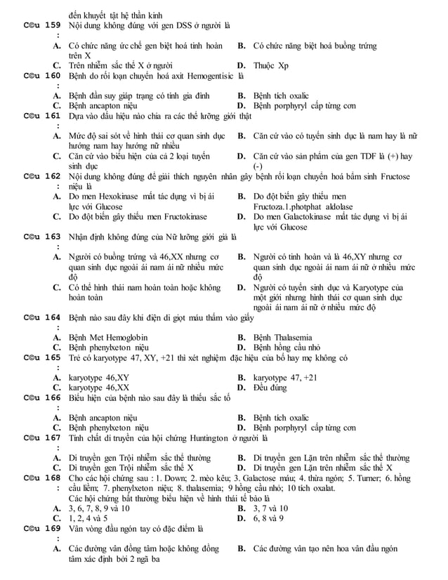 270 câu Ôn thi trắc nghiệm phần Di truyền Y học Bộ môn Y Sinh học! | DOCX