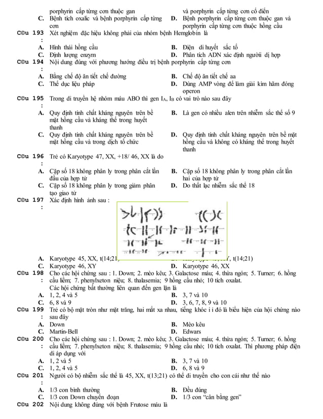 270 câu Ôn thi trắc nghiệm phần Di truyền Y học Bộ môn Y Sinh học! | DOCX