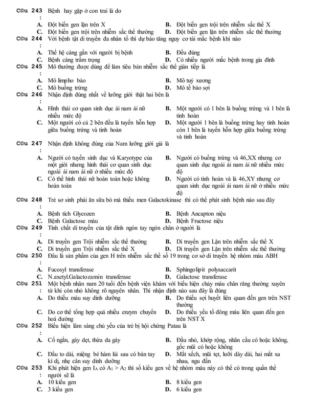 270 câu Ôn thi trắc nghiệm phần Di truyền Y học Bộ môn Y Sinh học! | DOCX