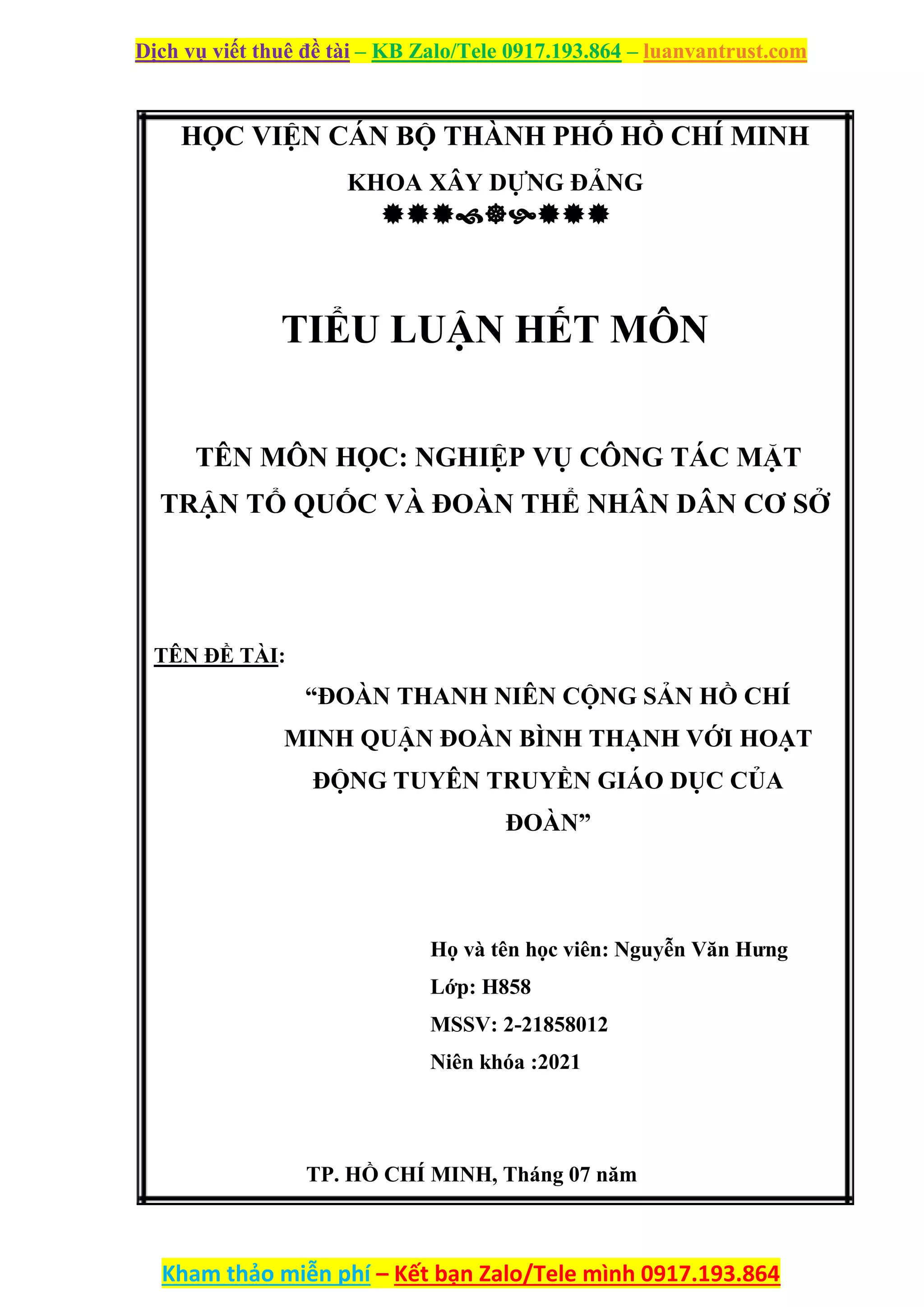 Đoàn thanh niên cộng sản Hồ Chí Minh quận đoàn bình thạnh với hoạt động tuyên truyền giáo dục ...