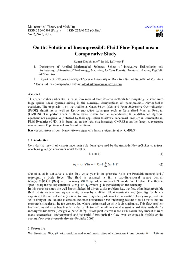 On the solution of incompressible fluid flow equations | PDF | Physics | Science