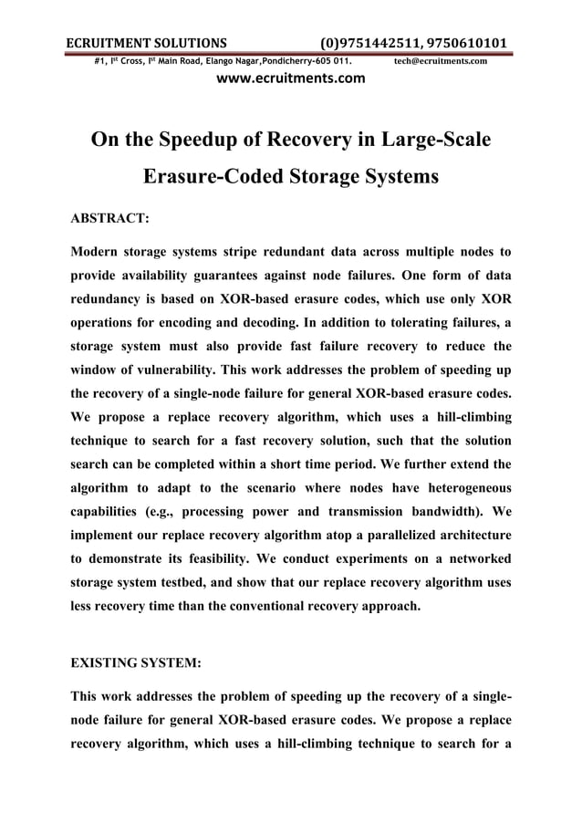 On The Speedup Of Recovery In Large Scale Erasure Coded Storage Systems Pdf