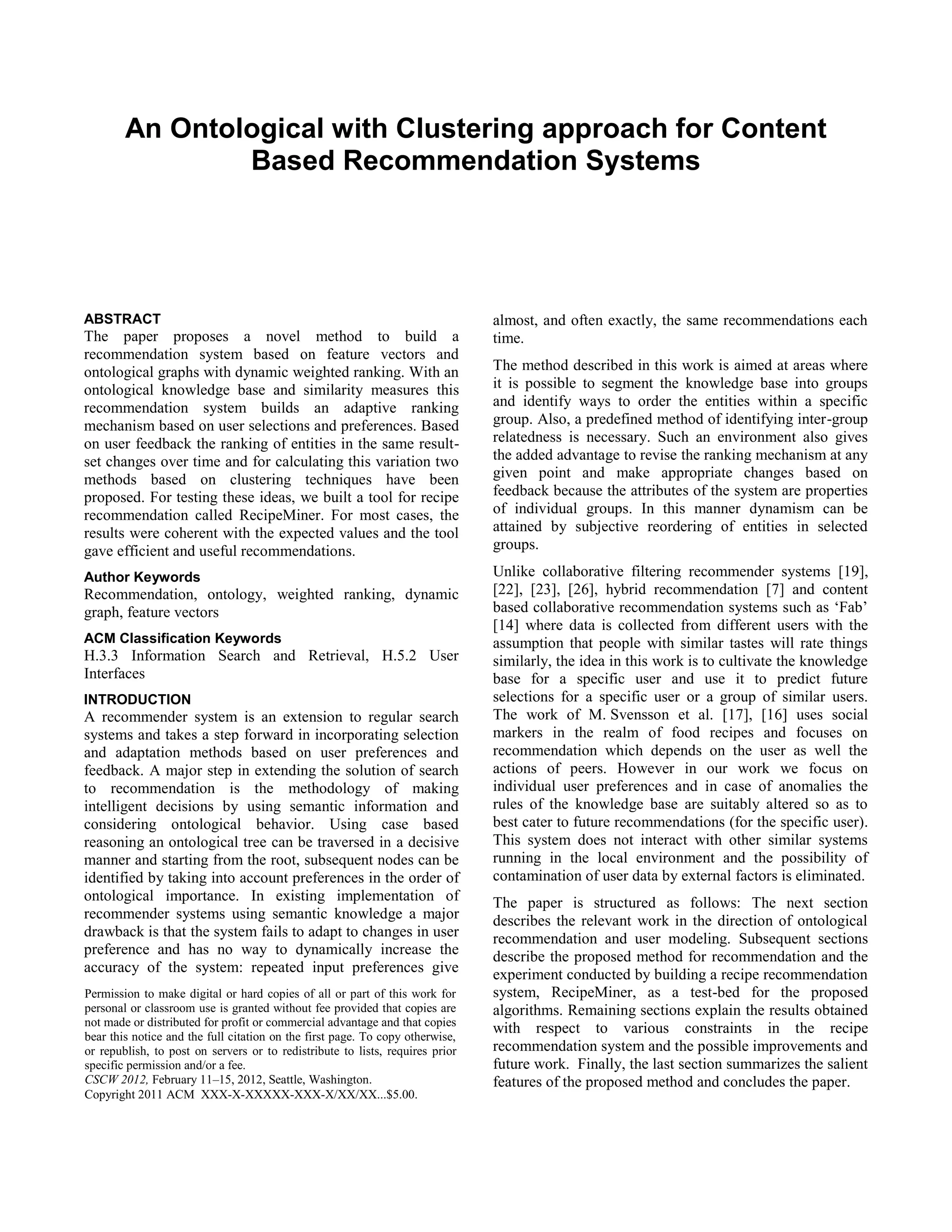 Ontological and clustering approach for content based recommendation ...