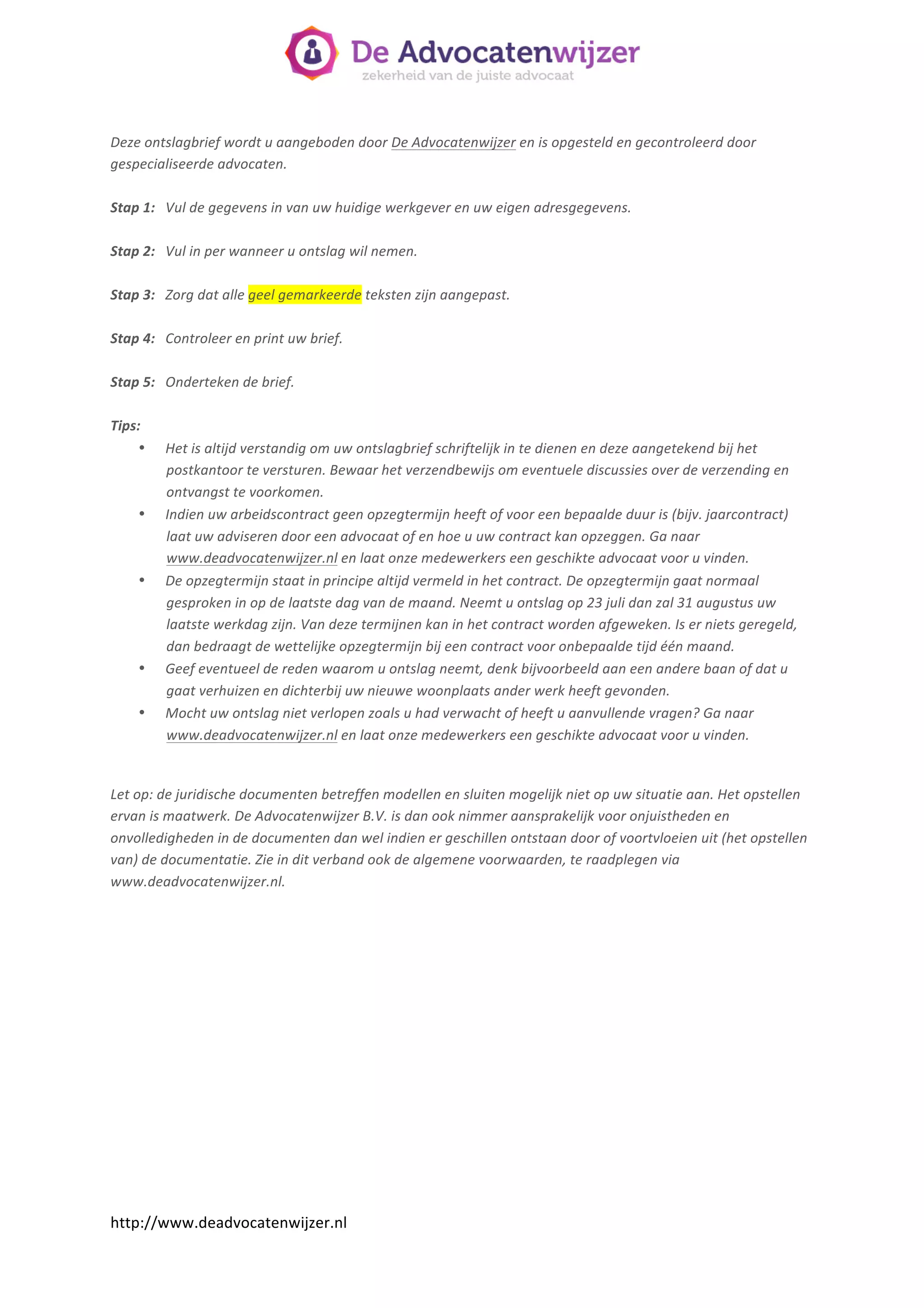 Ontslagbrief - De Advocatenwijzer | PDF