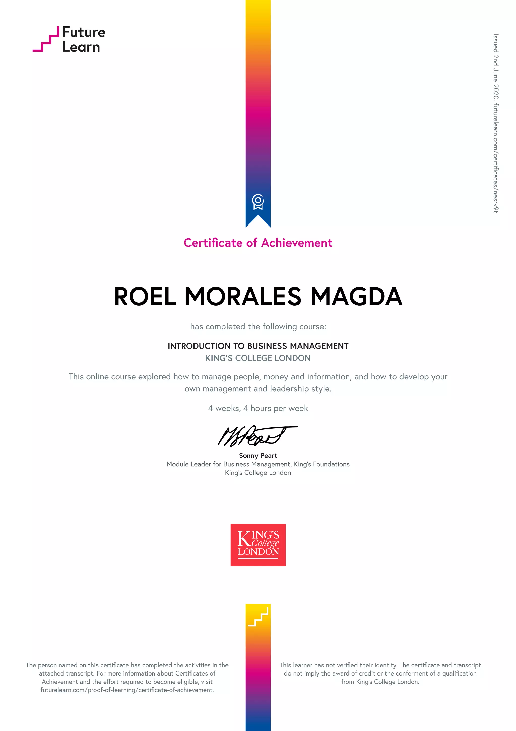 Certificate of Achievement-Introduction to Business Management | PDF