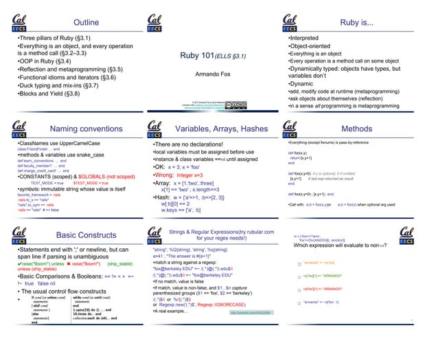 CS169 UC Berkeley Armando Fox Ruby basics | PDF
