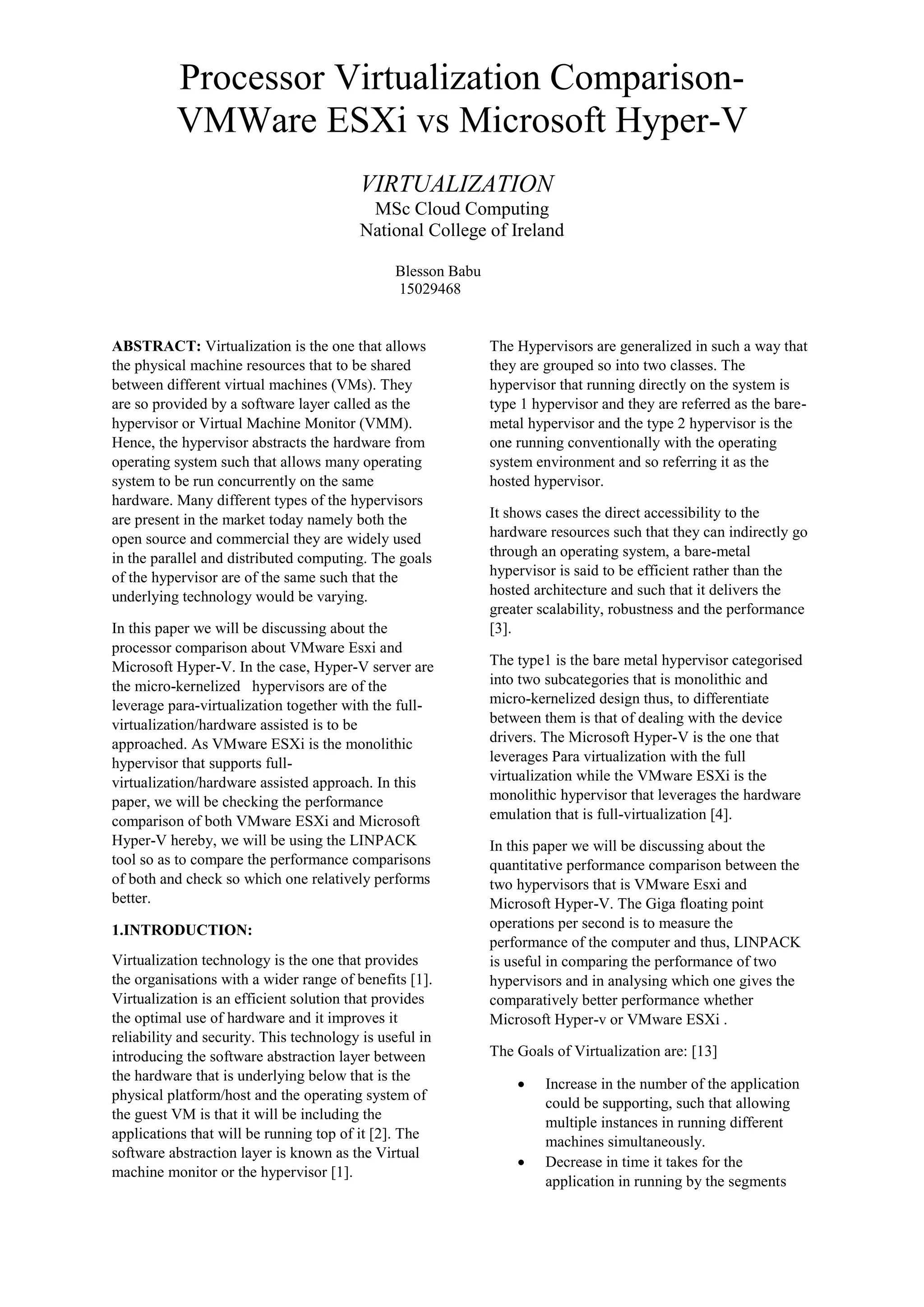 Processor Virtualization Comparison Vmware Esxi Vs Microsoft Hyper V Pdf