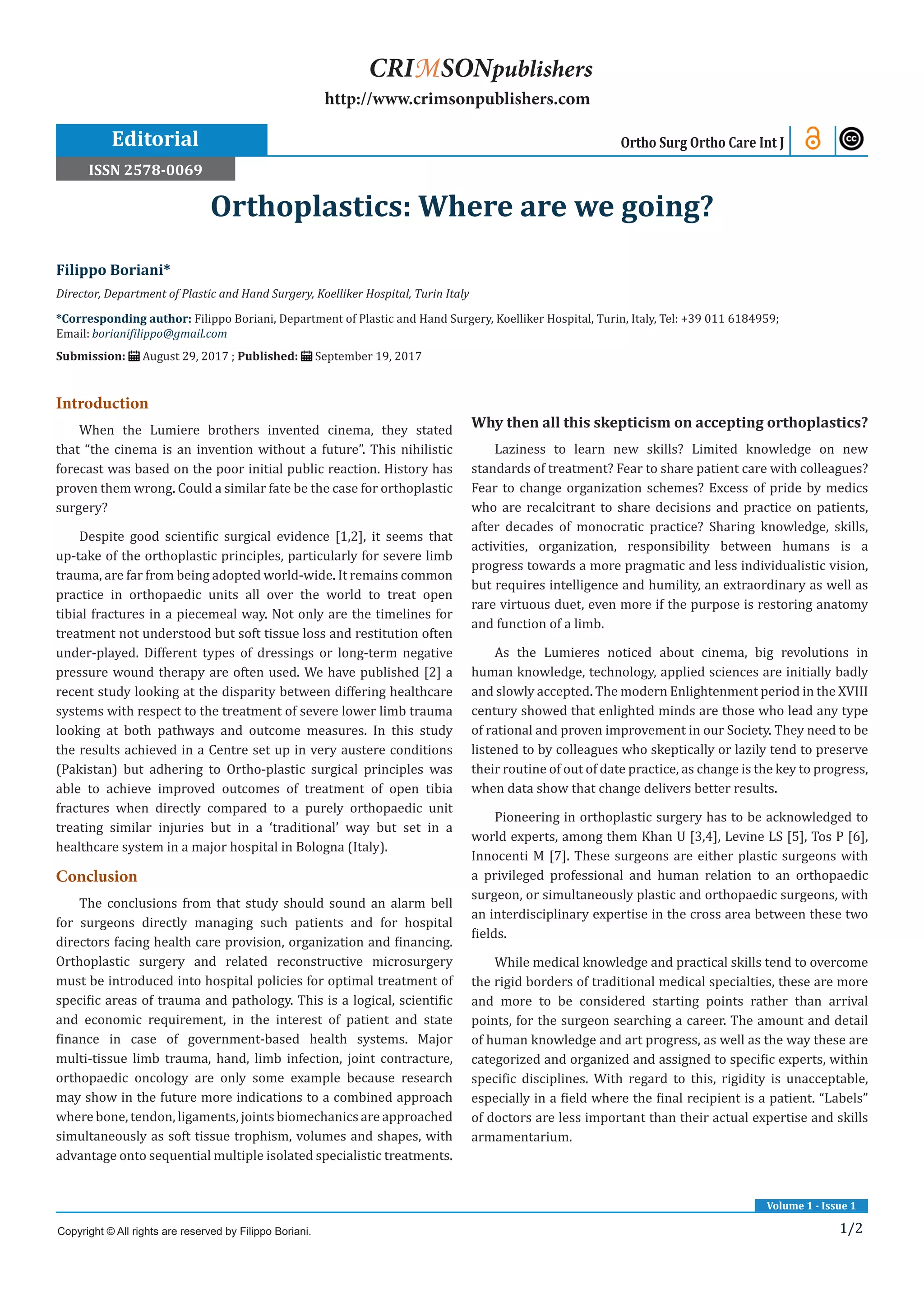 Crimson Publishers-Orthoplastics: Where are we going? | PDF
