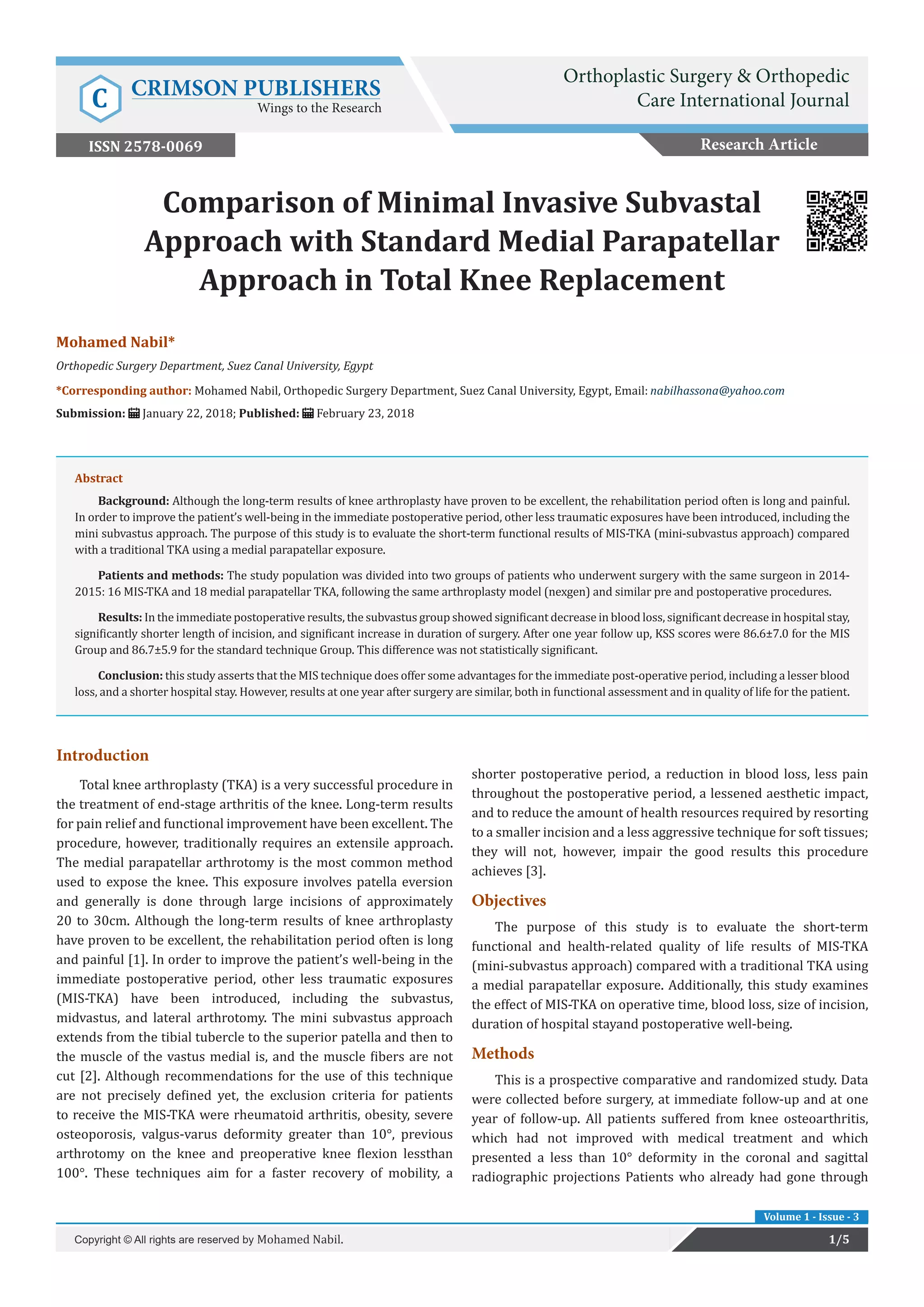 Crimson Publishers-Comparison of Minimal Invasive Subvastal Approach ...